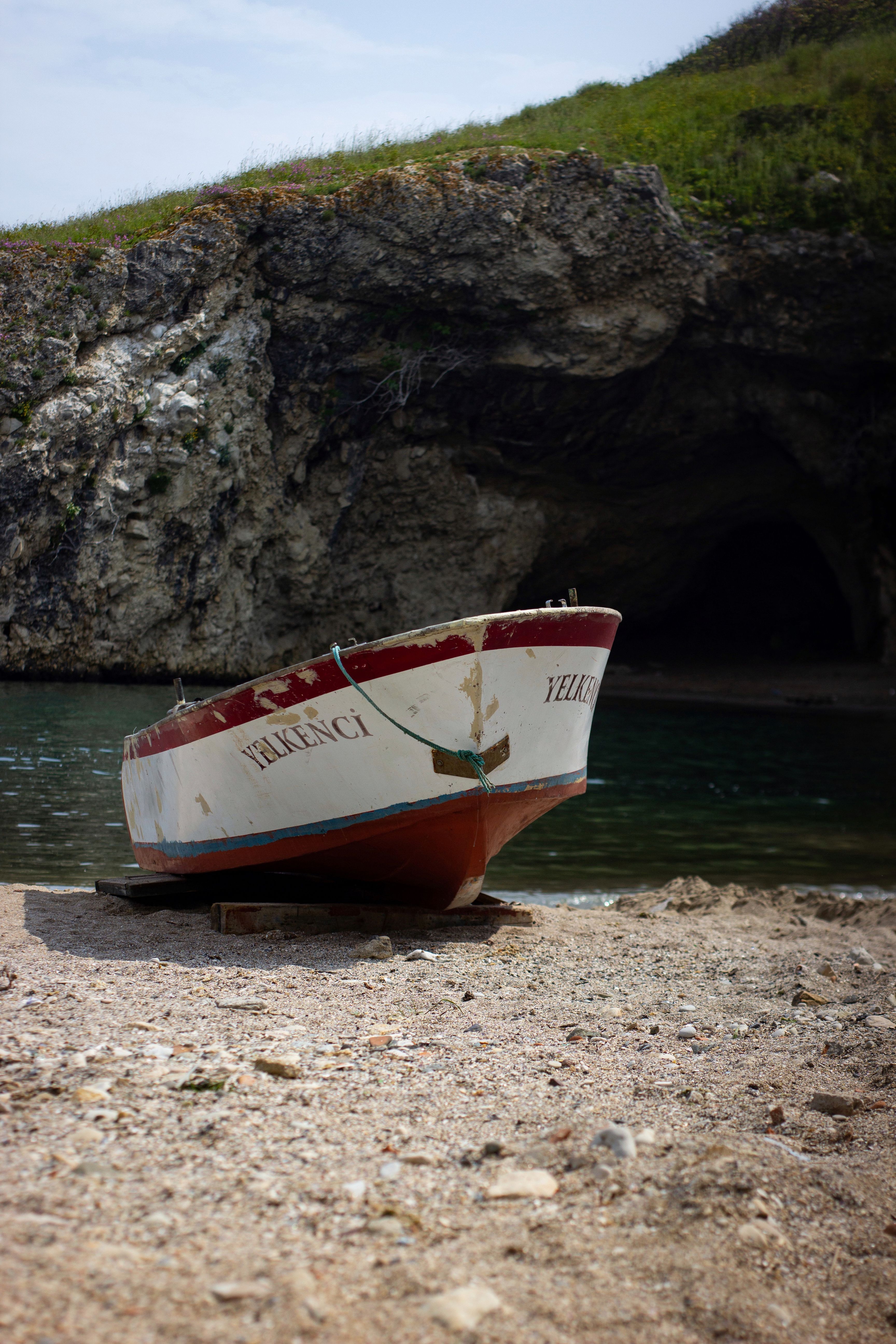 Free stock photo of above sea, beach, big rocks, blue sky, boat, cave ...