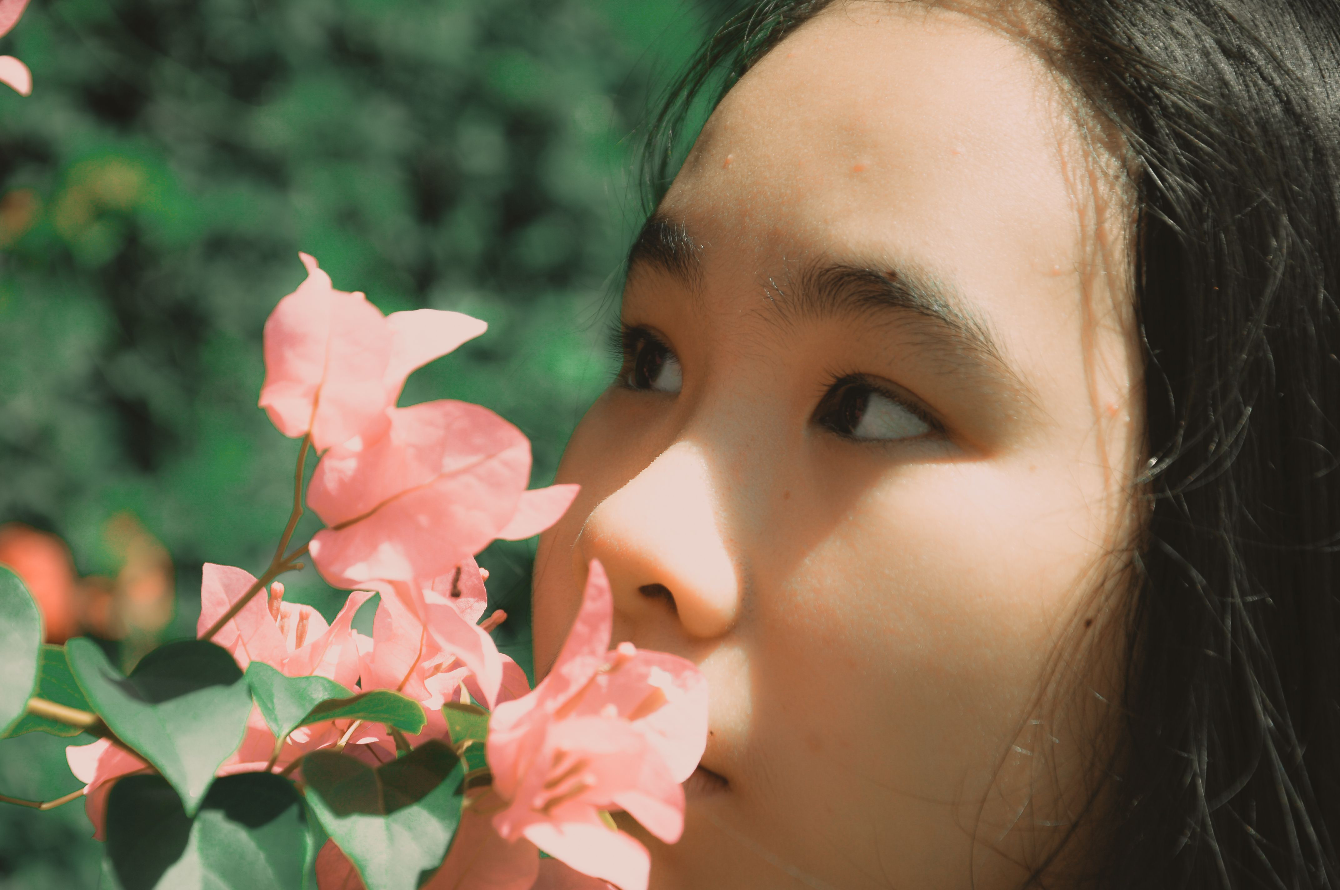 Woman Smelling Pink Bougainvillea Flower · Free Stock Photo