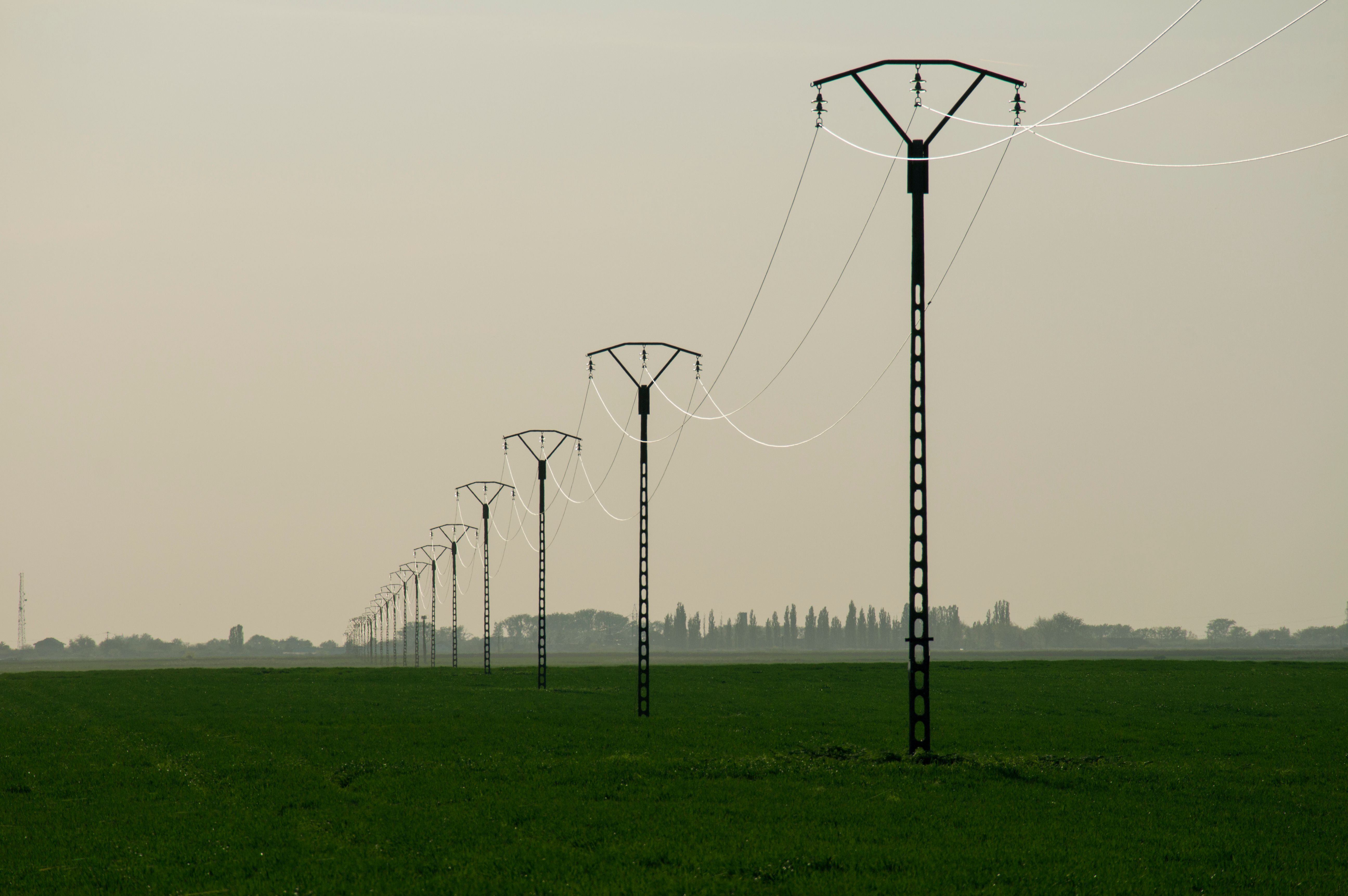 Power Lines on Metal Poles Installed in a Field · Free Stock Photo