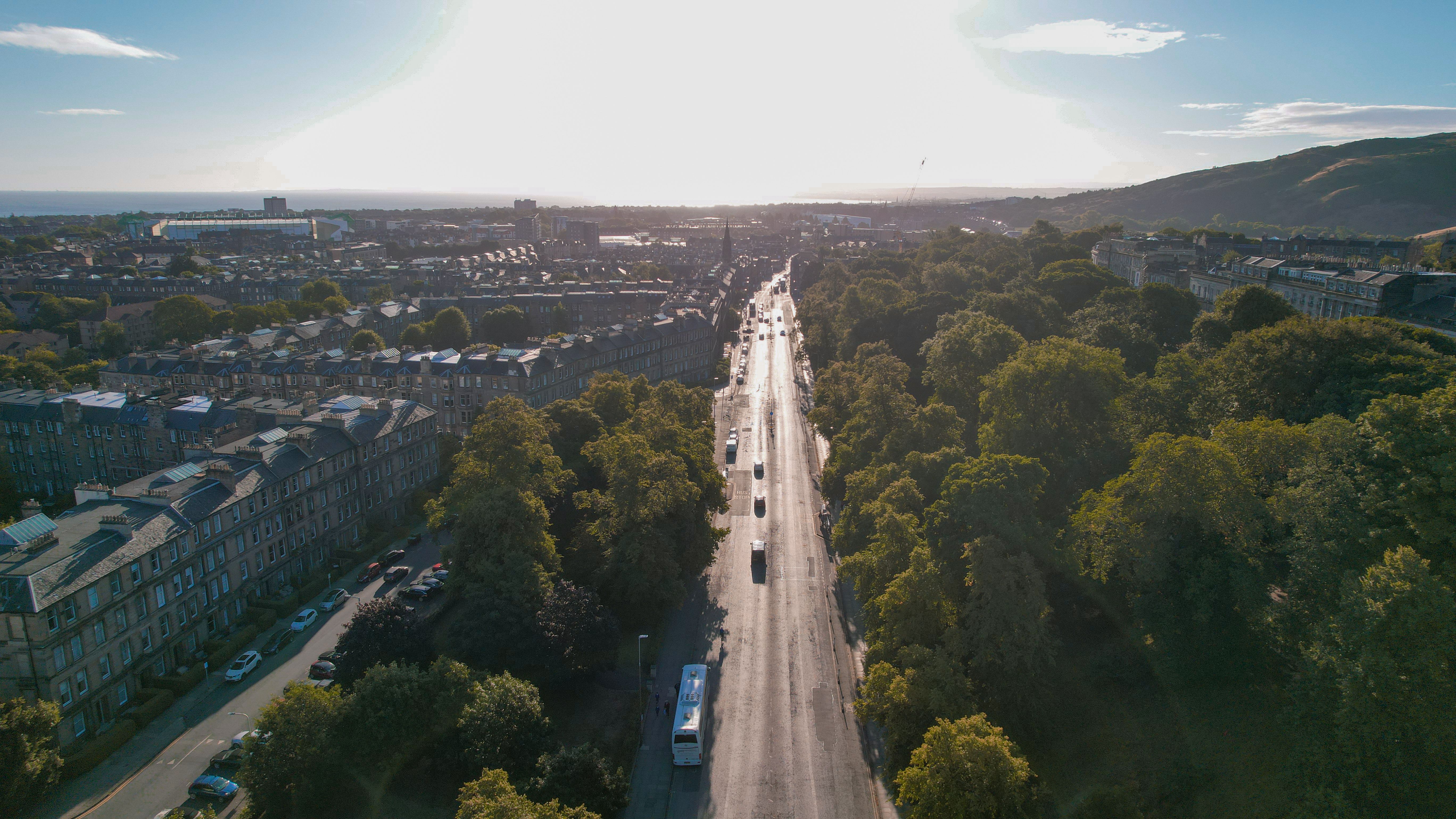 An aerial view of a city street with cars and trees · Free Stock Photo