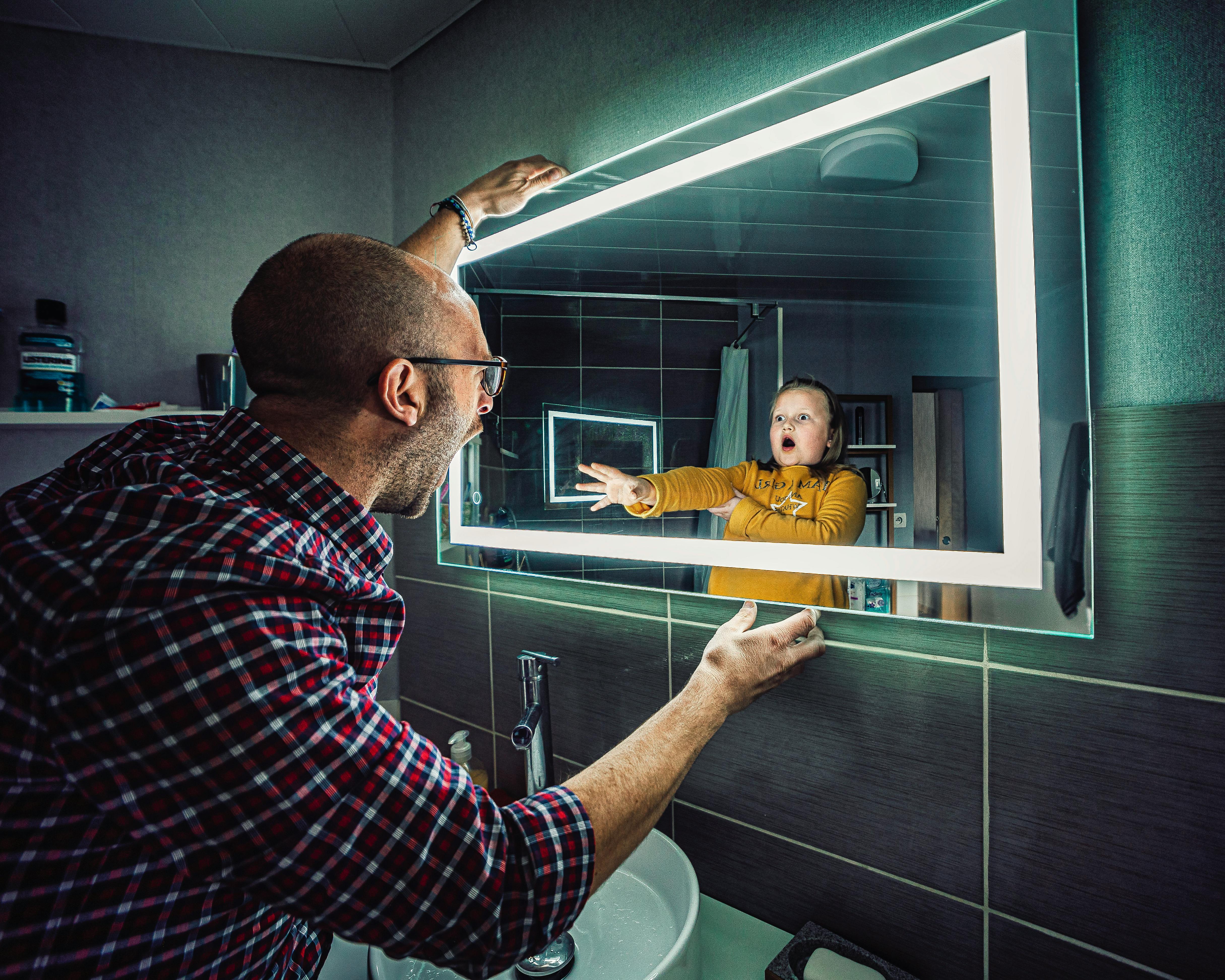 Shouting Child Reflection in Mirror with Man near · Free Stock Photo