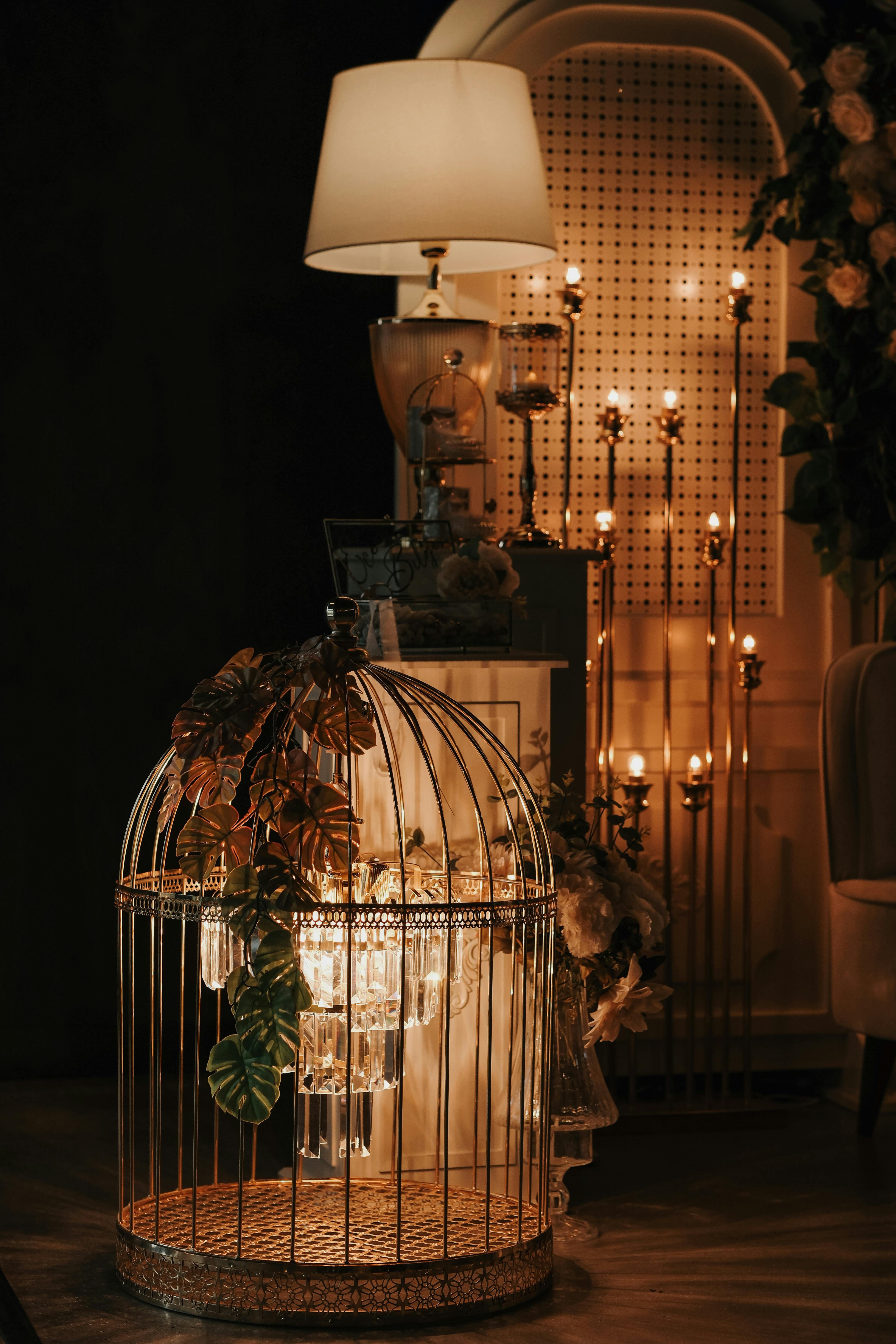 Lamps and an Illuminated Cage in a Dark Interior · Free Stock Photo