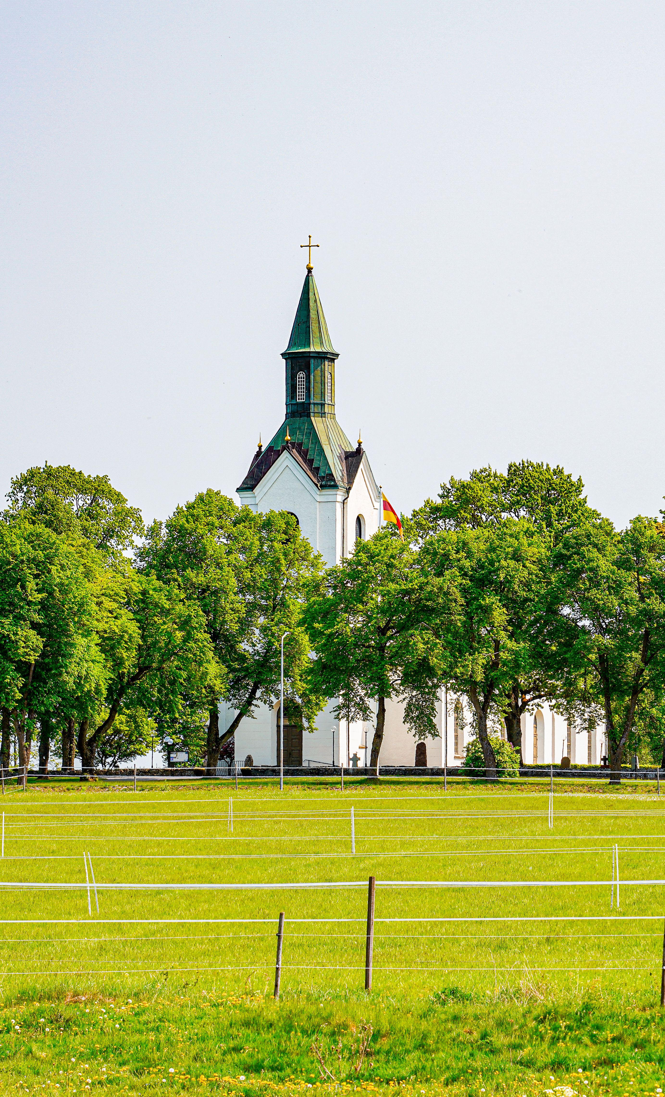A Green Field with Trees and a Church · Free Stock Photo