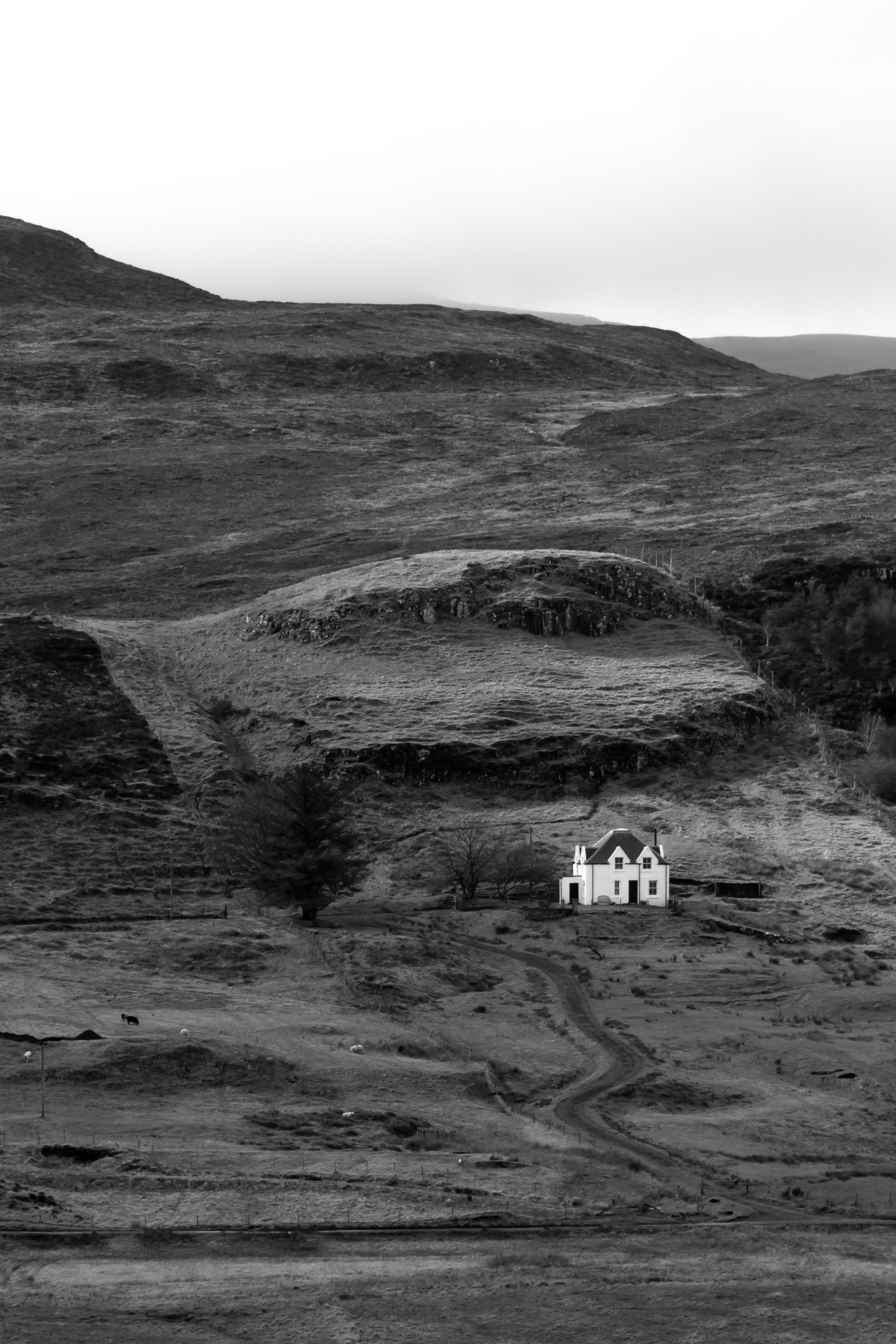 Building on Hills in Black and White · Free Stock Photo