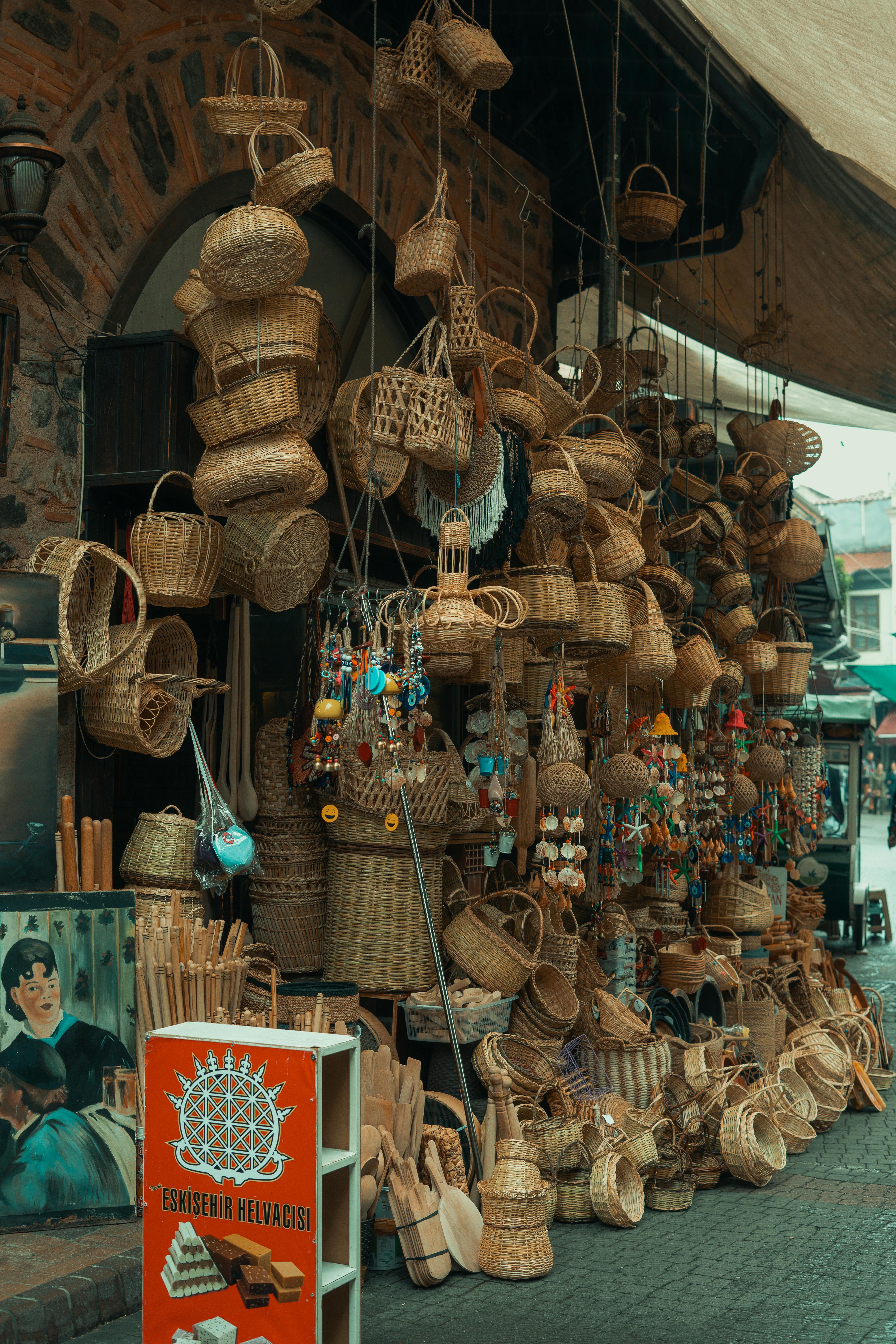 Market Stall with Wicker Baskets · Free Stock Photo