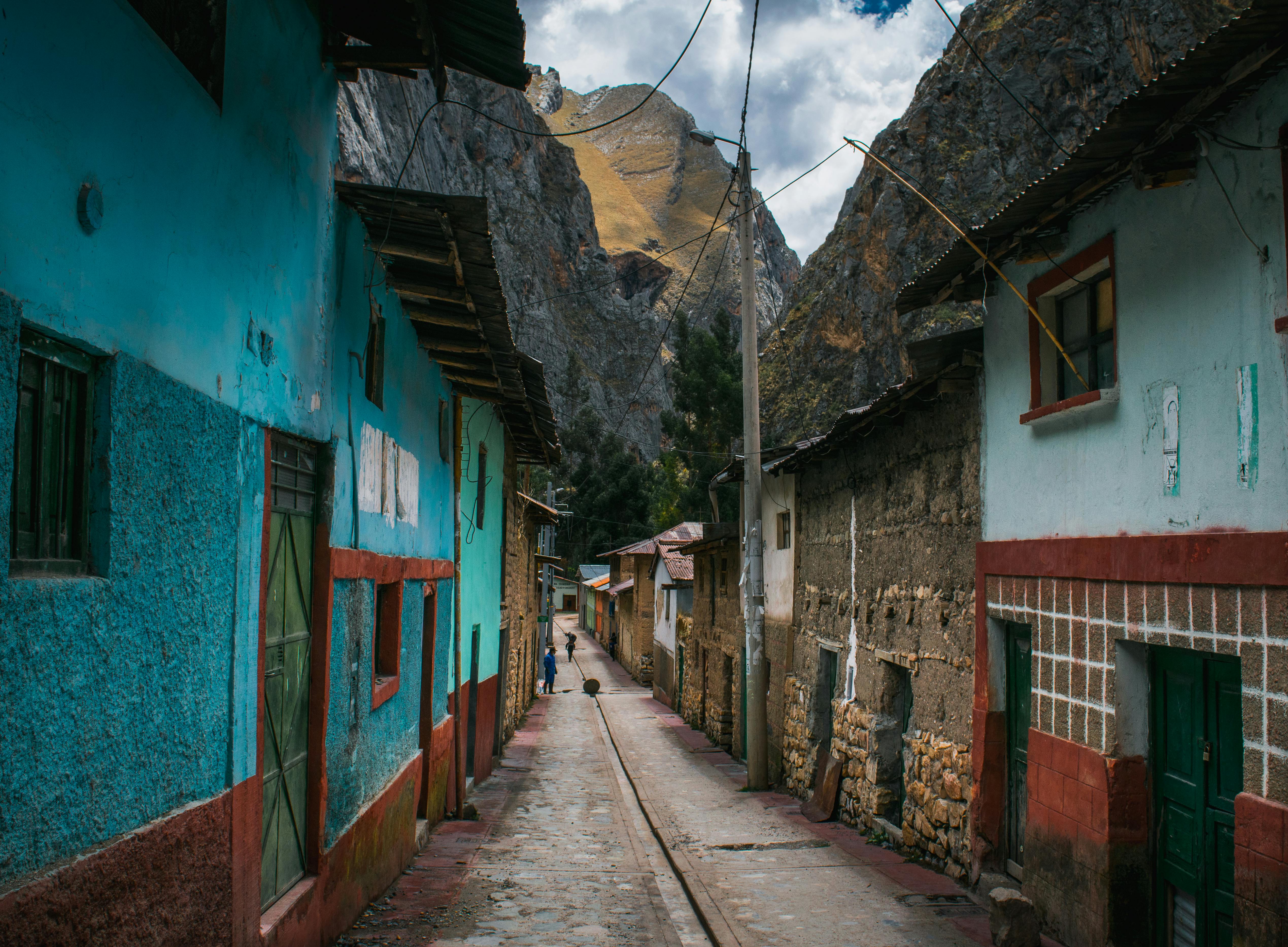 Old Blue Village Houses in Perspective · Free Stock Photo
