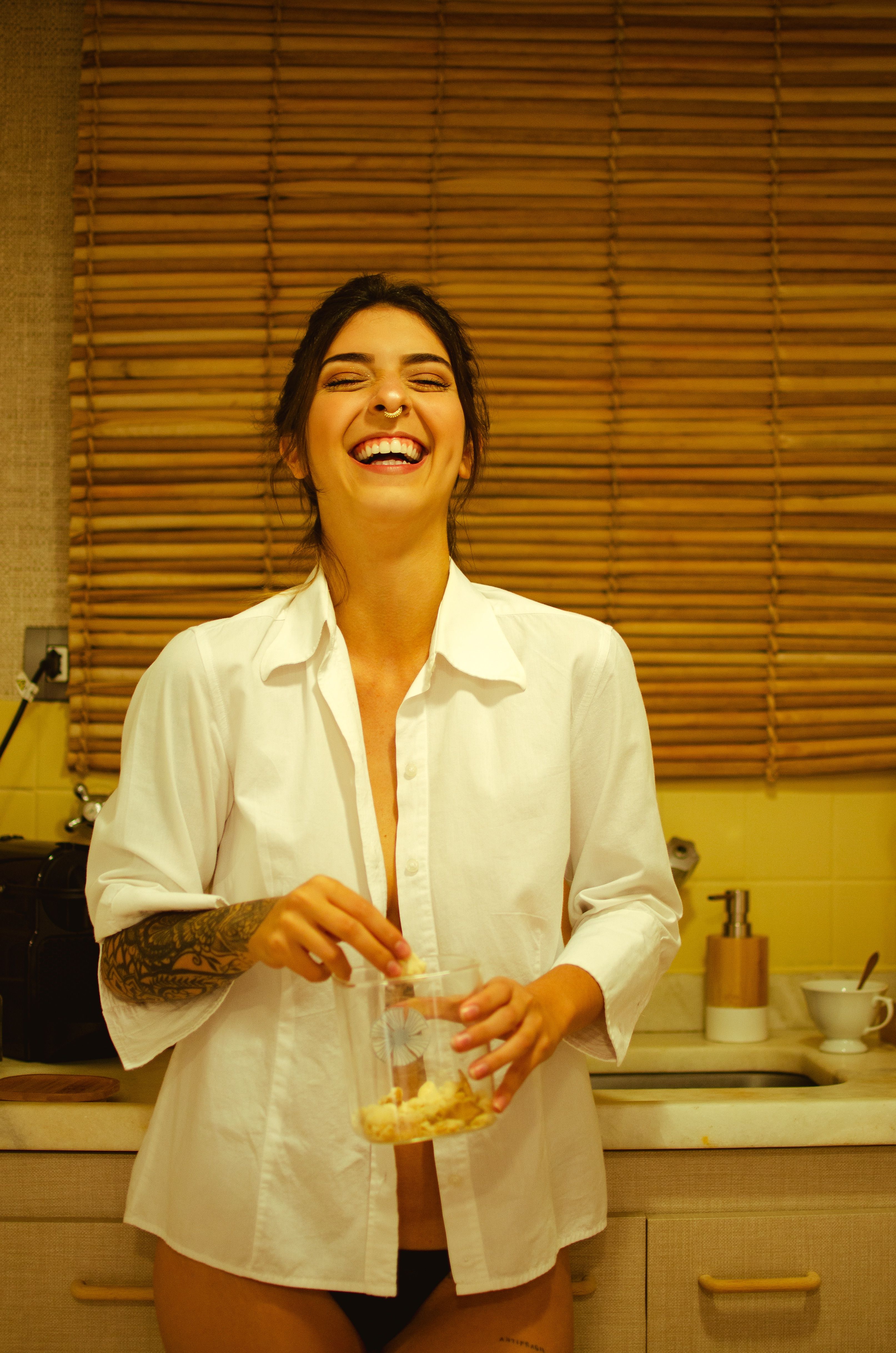 Brunette in Panties and Blouse in Kitchen · Free Stock Photo