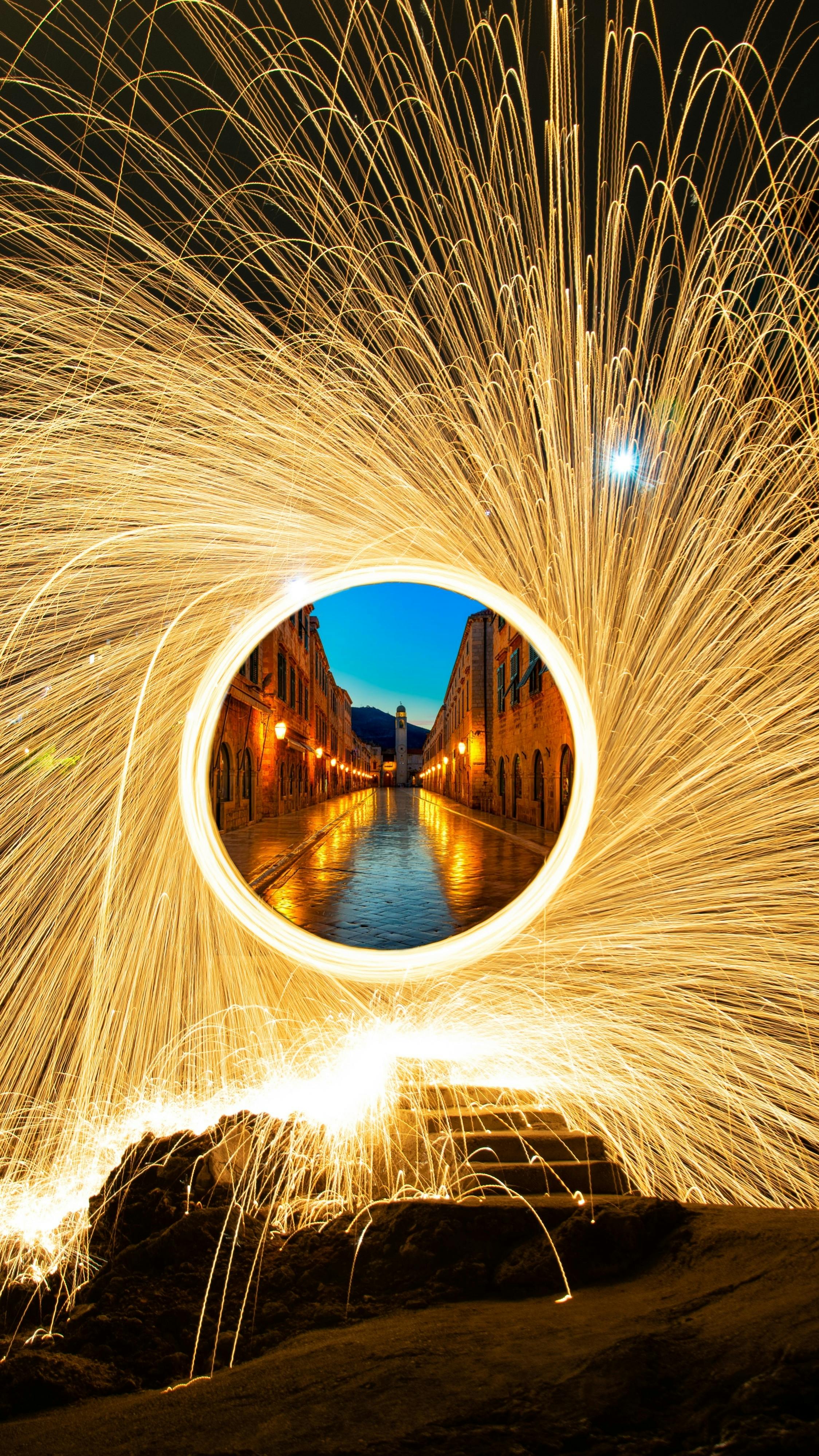 Steel Wool Photo with View of an Alley in City in the Circle in the ...