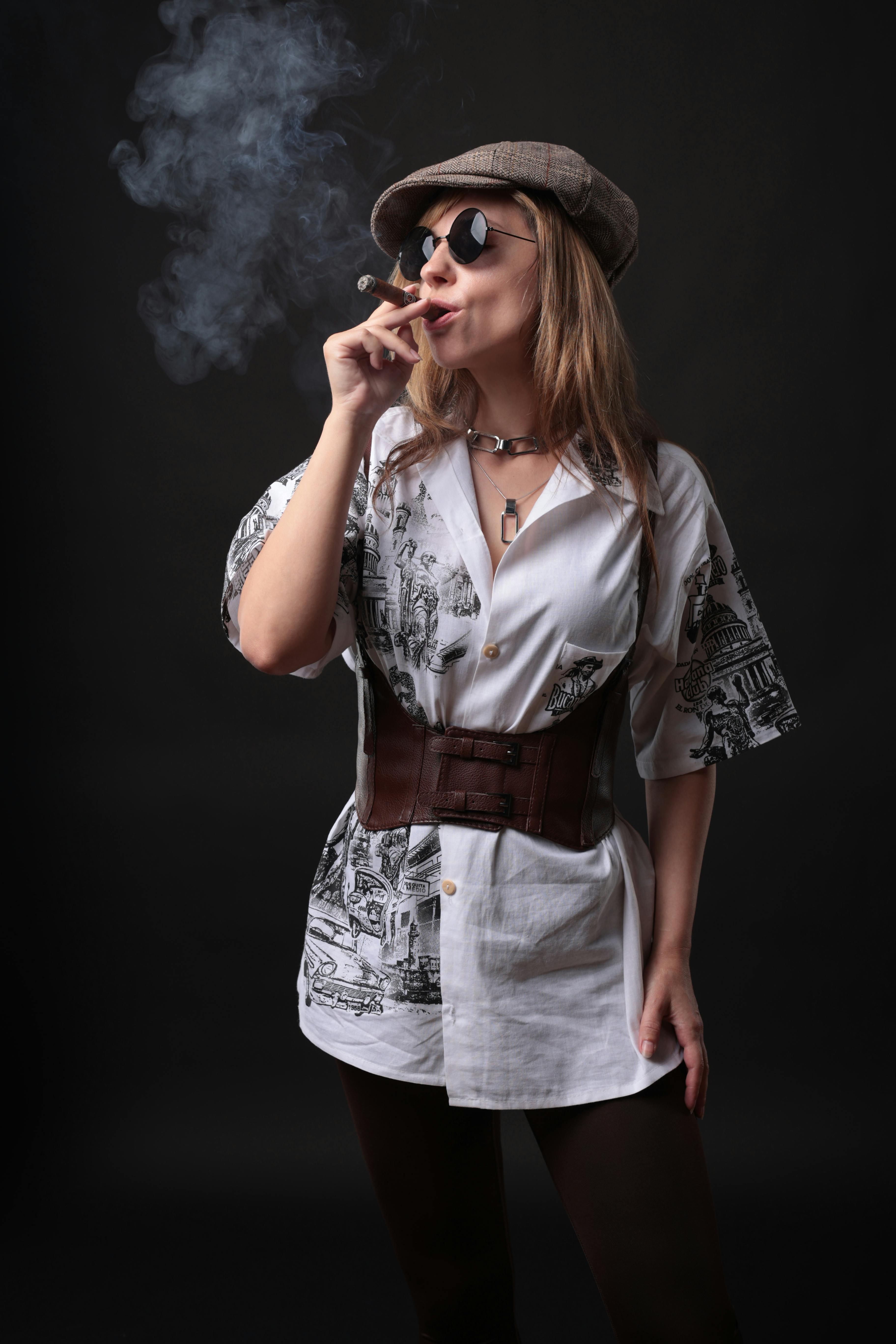 Woman in Sunglasses and Shirt Smoking Cigar · Free Stock Photo