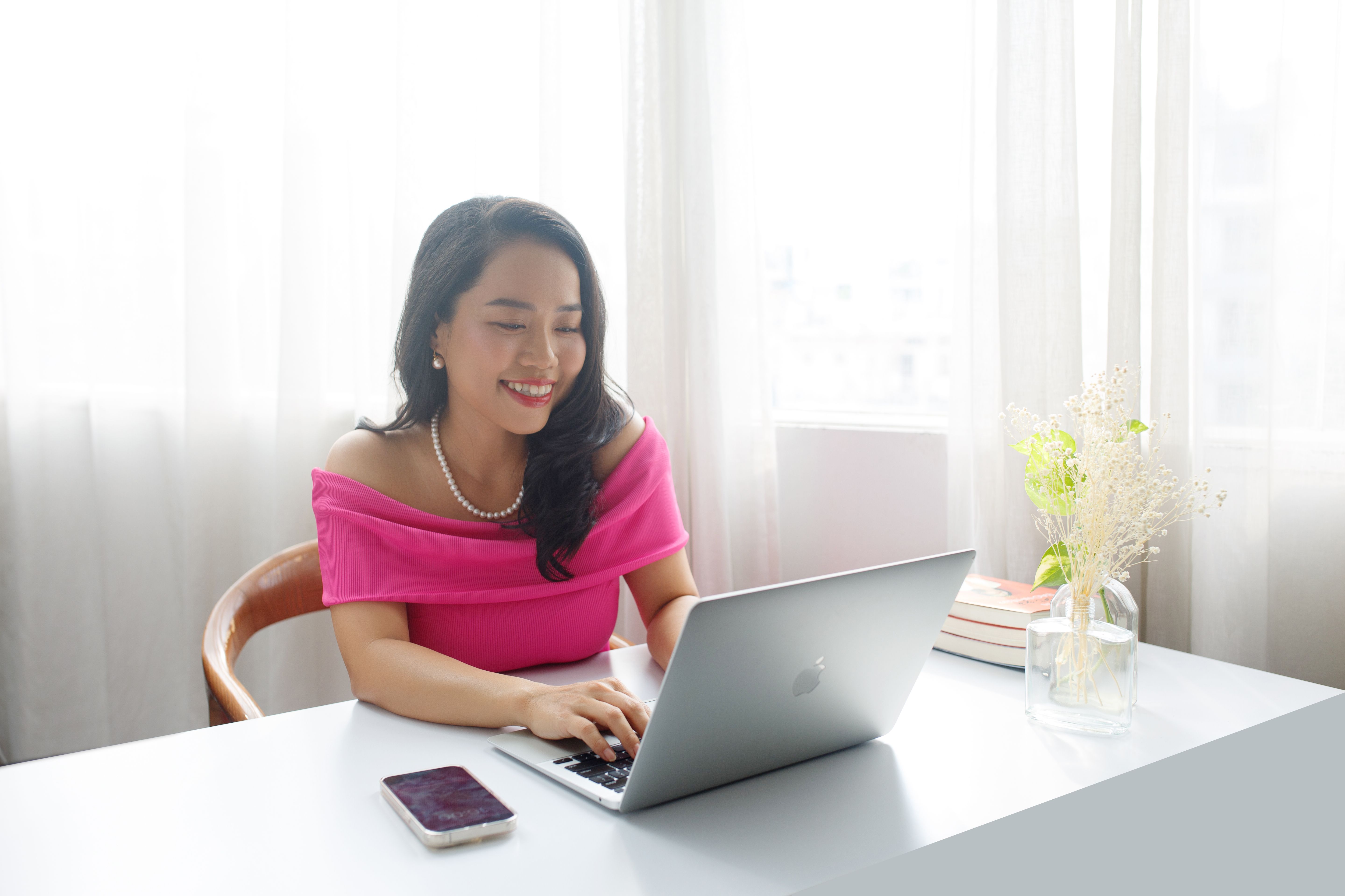 Brunette in Pink Dress in Office · Free Stock Photo
