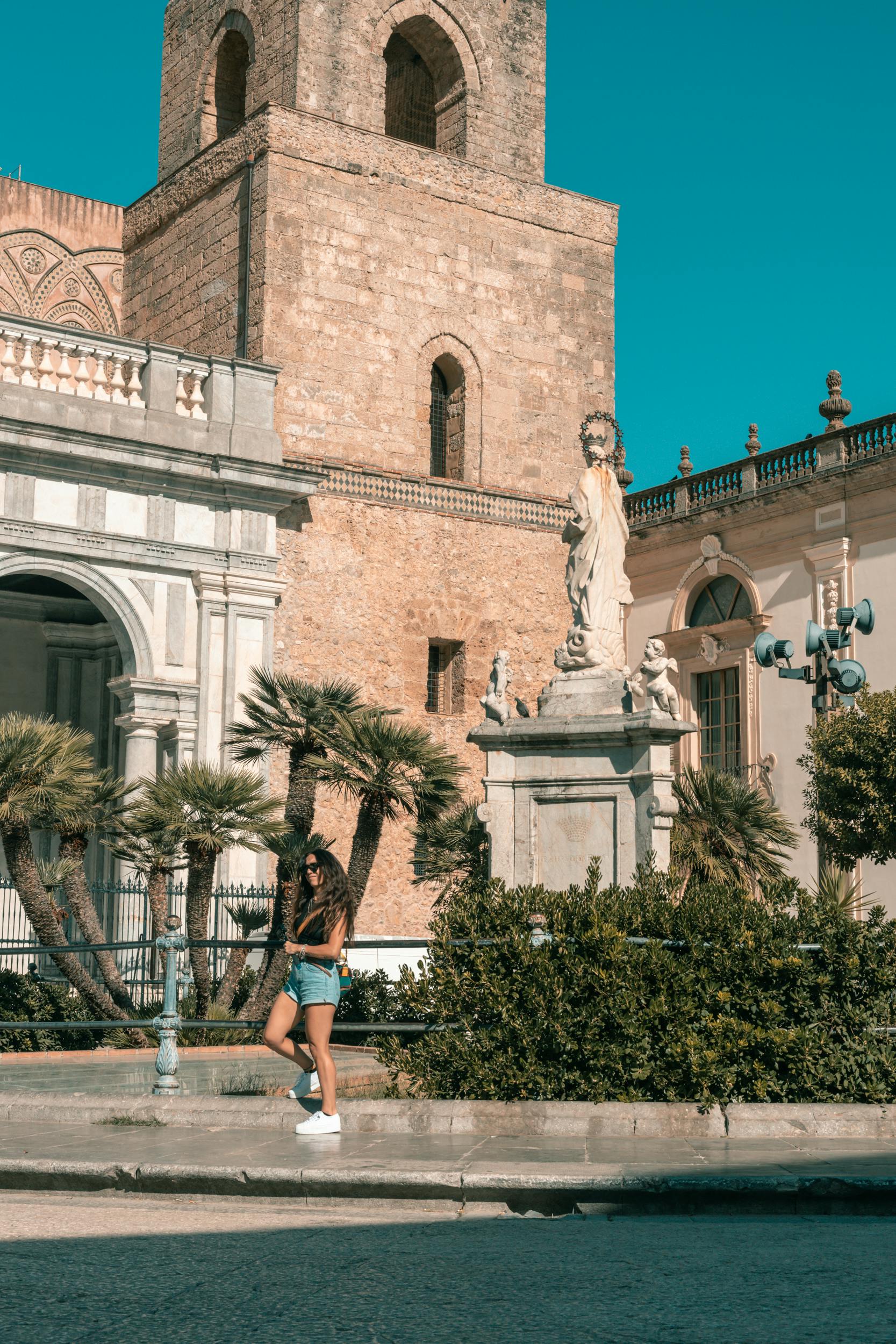 A Statue and Palm Trees in front of the Monreale Cathedral, Monreale ...