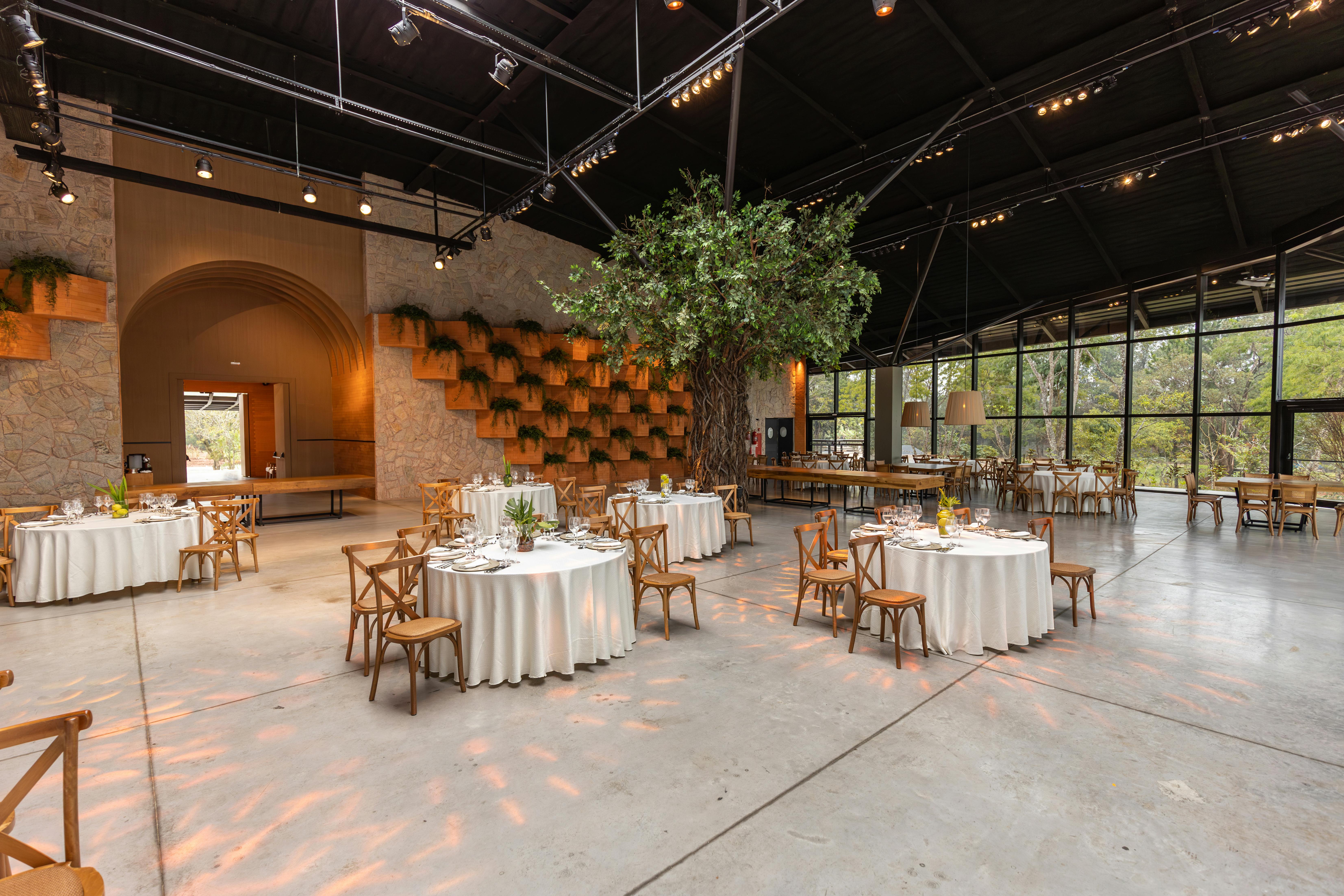 Tables and Tree in Restaurant Hall · Free Stock Photo