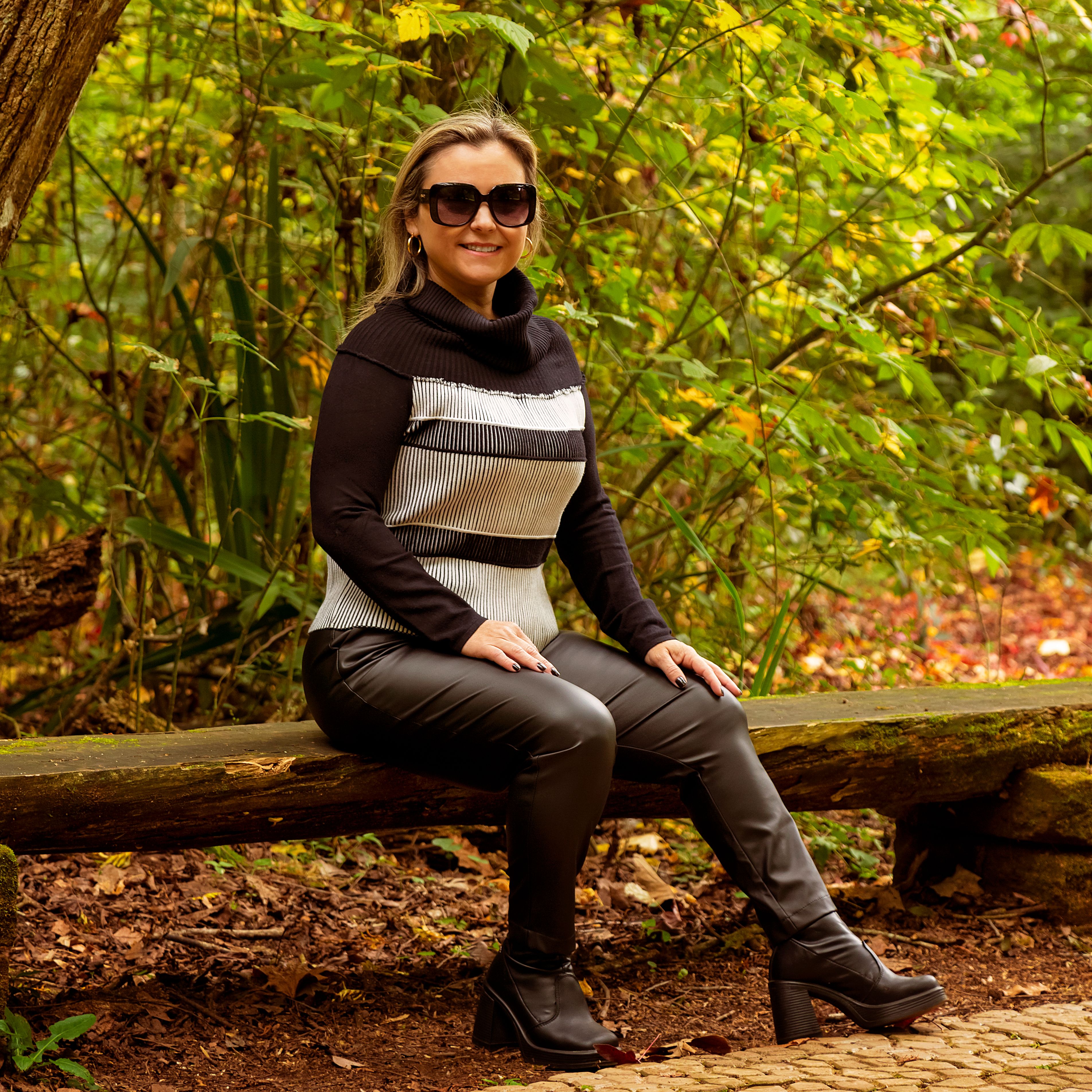 Blonde Woman in Sunglasse Posing on Bench in Forest · Free Stock Photo