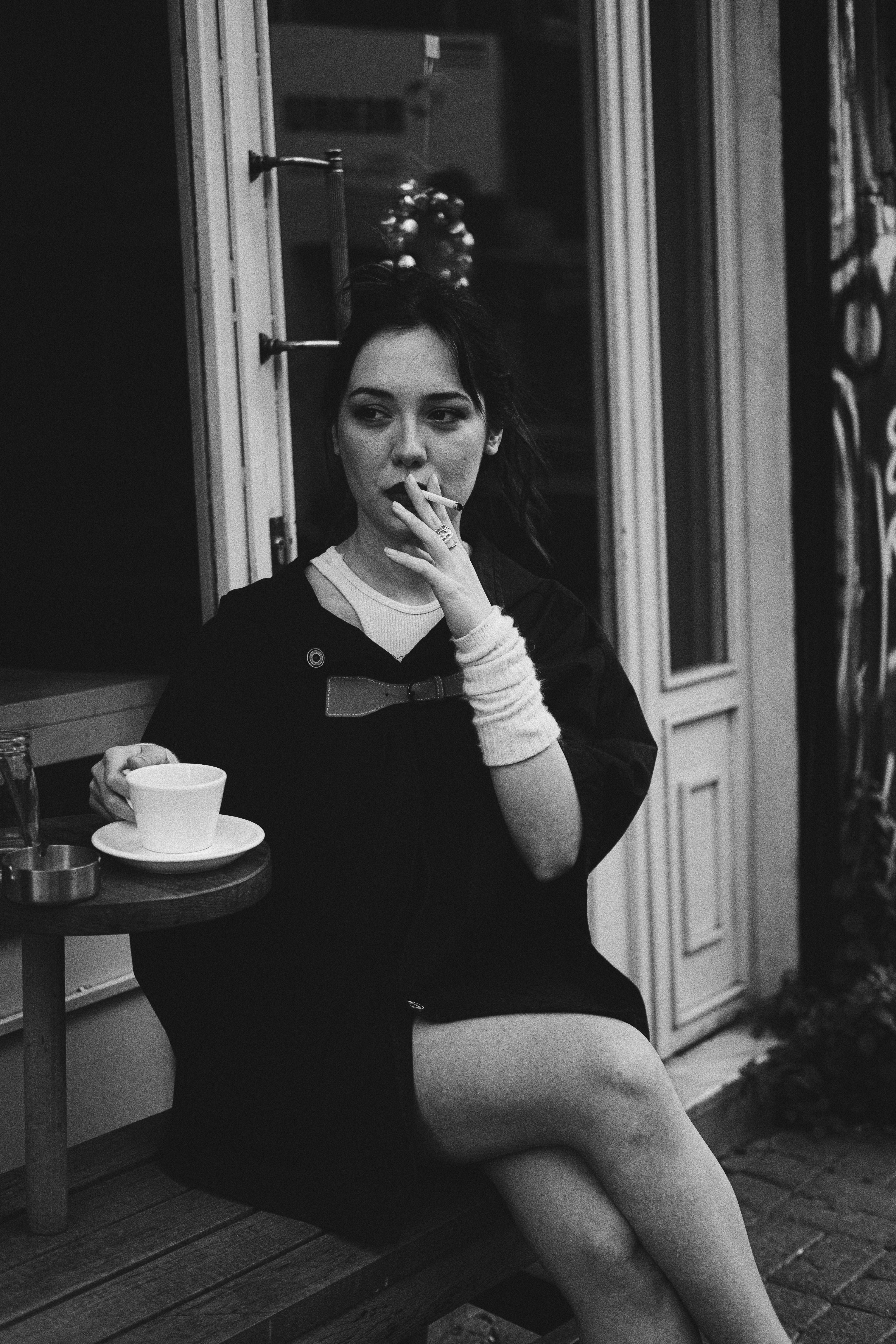 Woman in Lingerie Smoking Cigarette in Black and White · Free Stock Photo