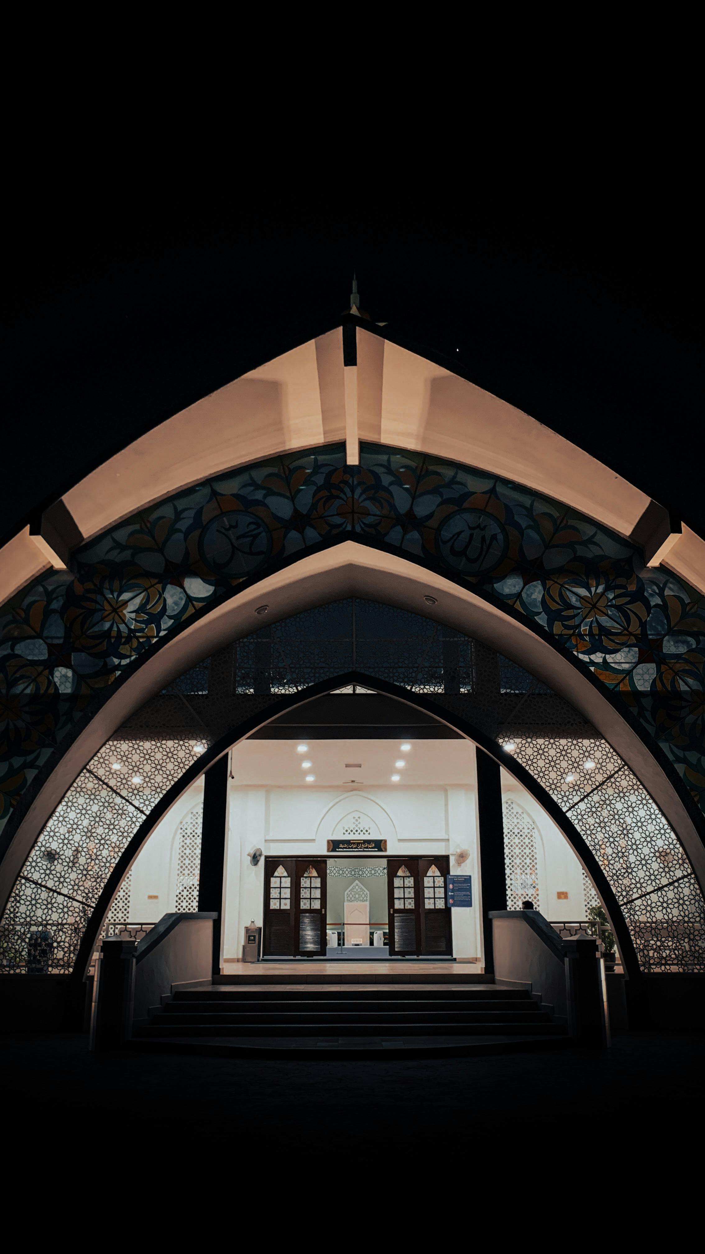 Entrance of Malacca Straits Mosque at Night · Free Stock Photo