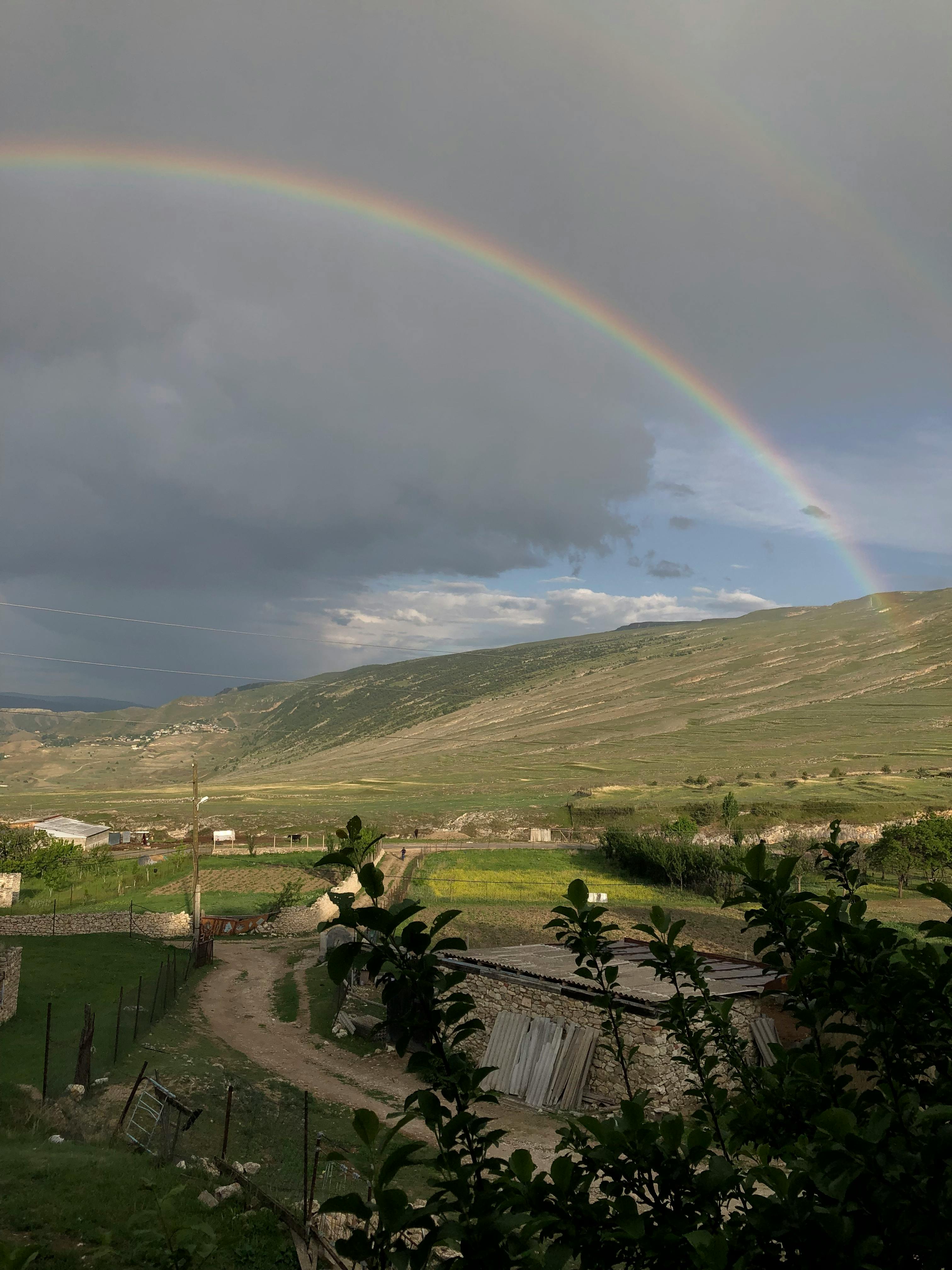 Rainbow and Rain Clouds over Valley · Free Stock Photo