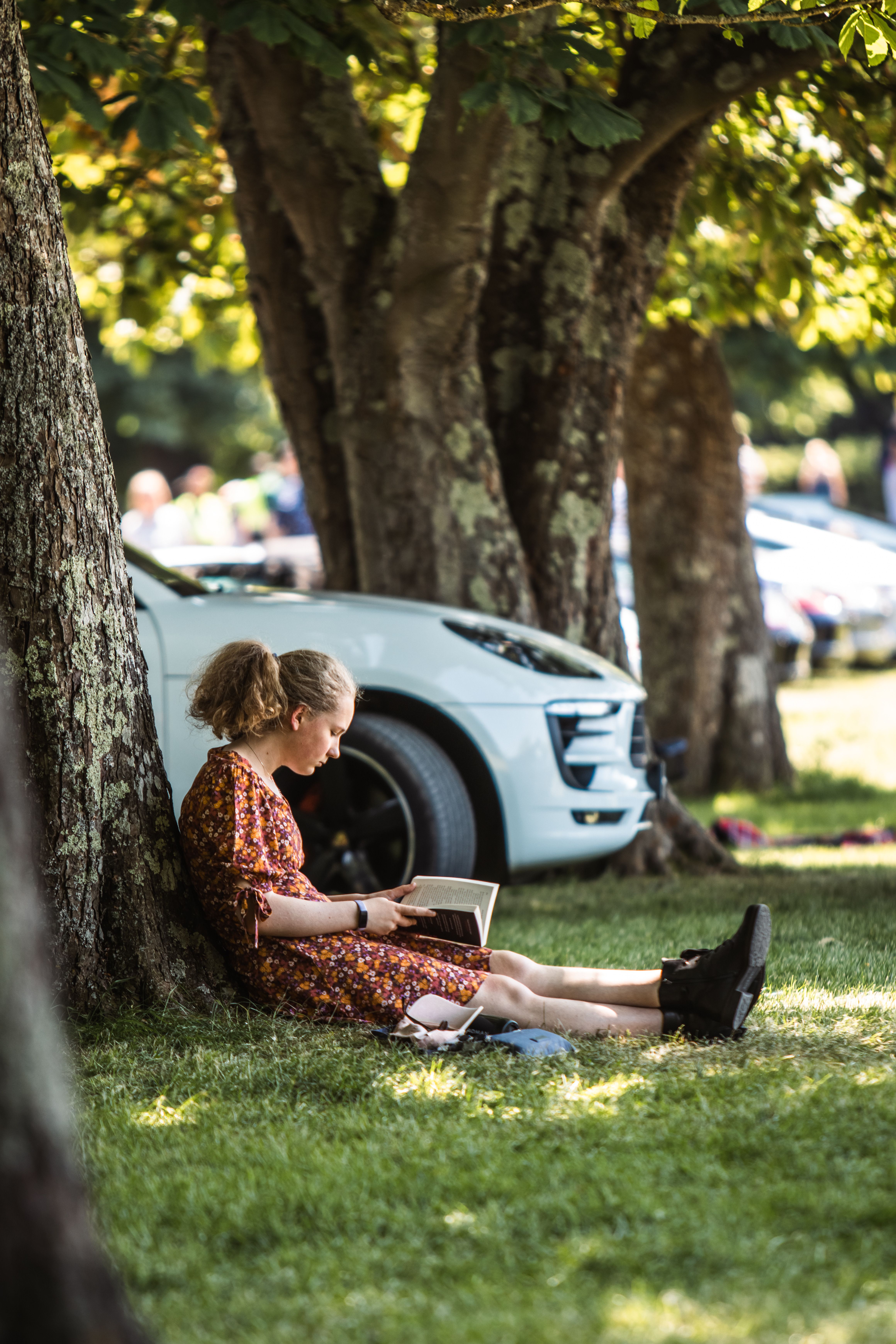 Woman Sitting near Trees and Reading Book · Free Stock Photo