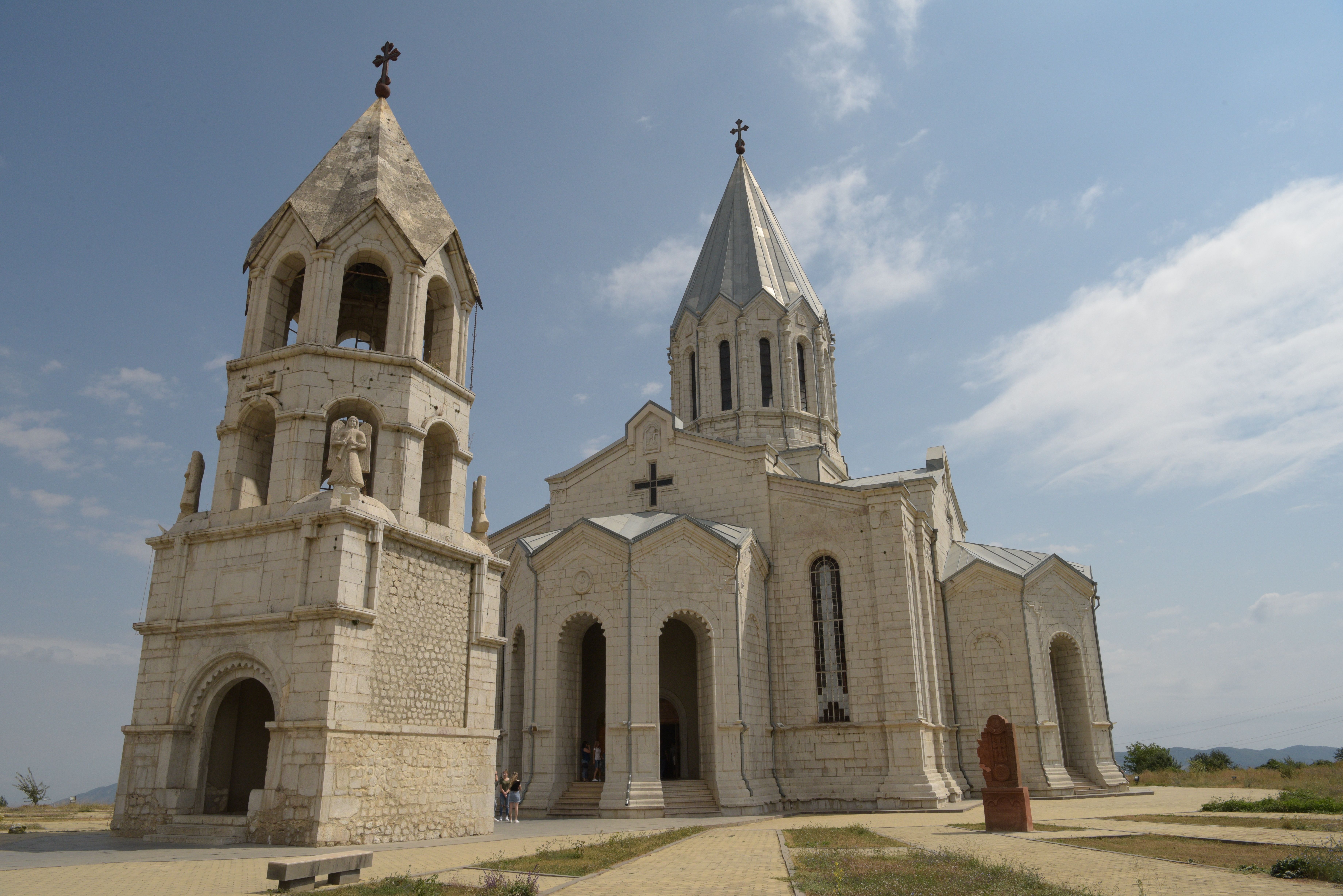 Facade of Ghazanchetsots Cathedral in Shusha, Azerbaijan against Blue ...