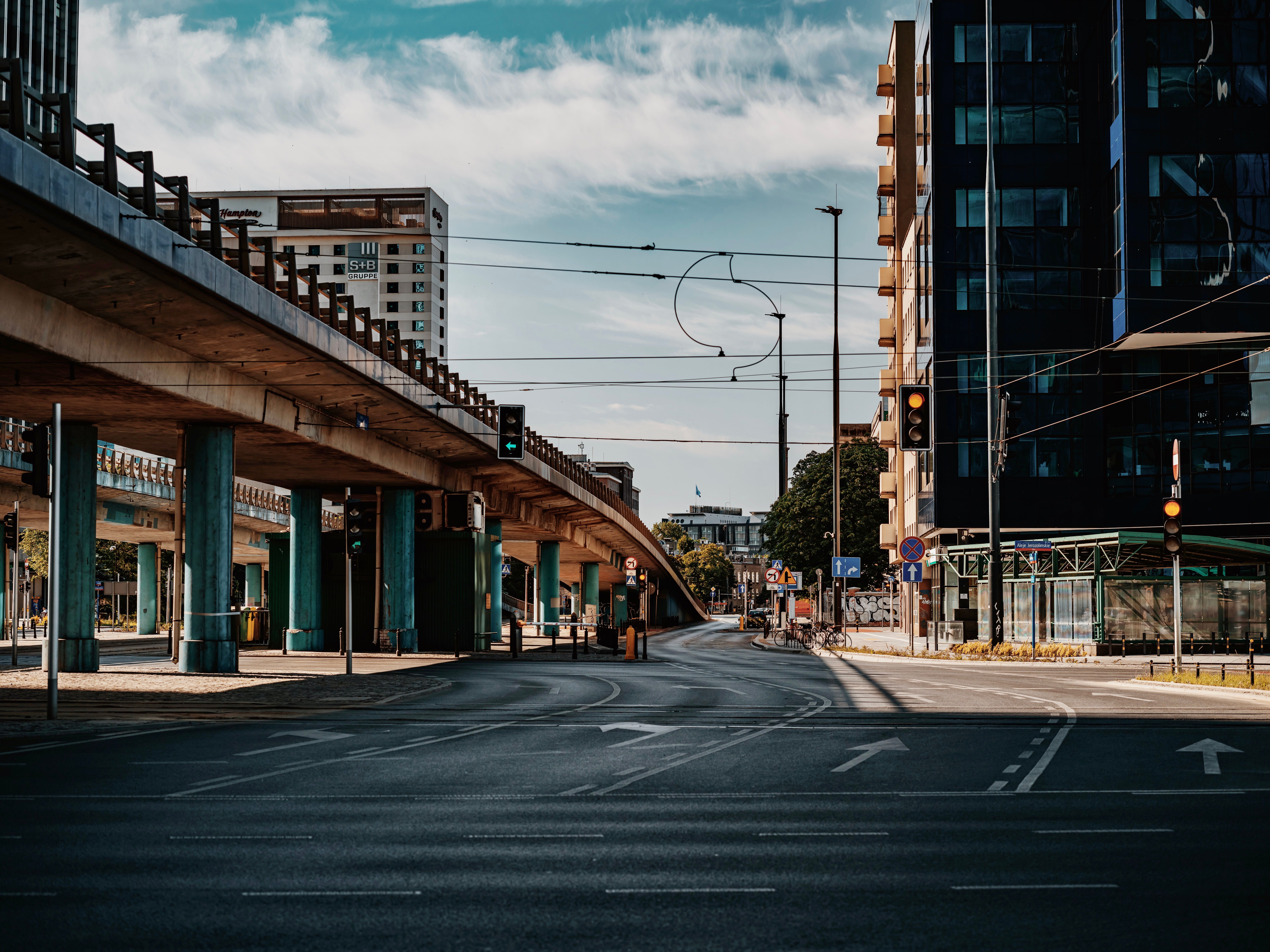 View of a Street and Elevated Road between Modern Buildings in City ...