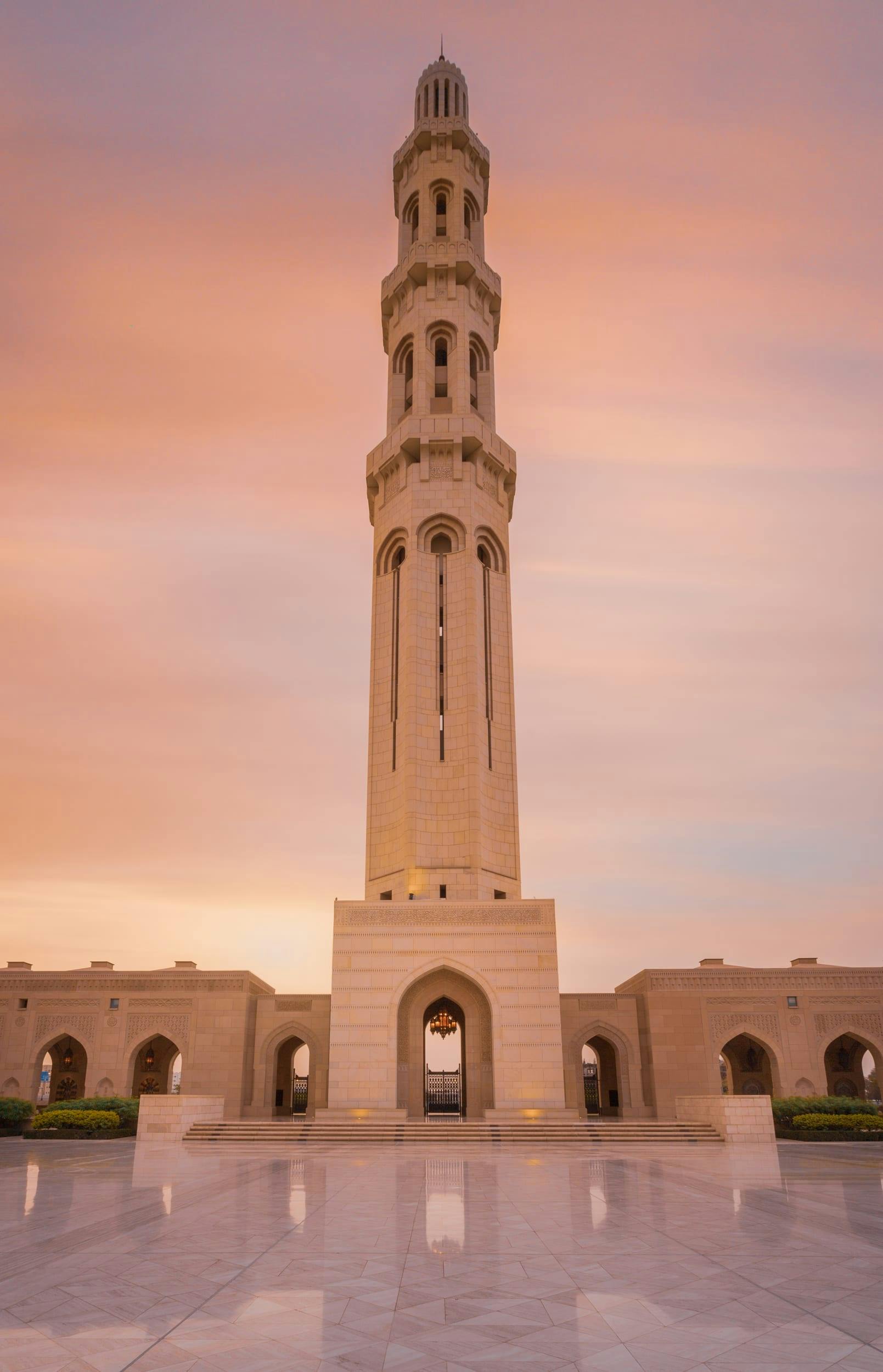 View of the Tower at the Sultan Qaboos Grand Mosque, Muscat, Oman ...