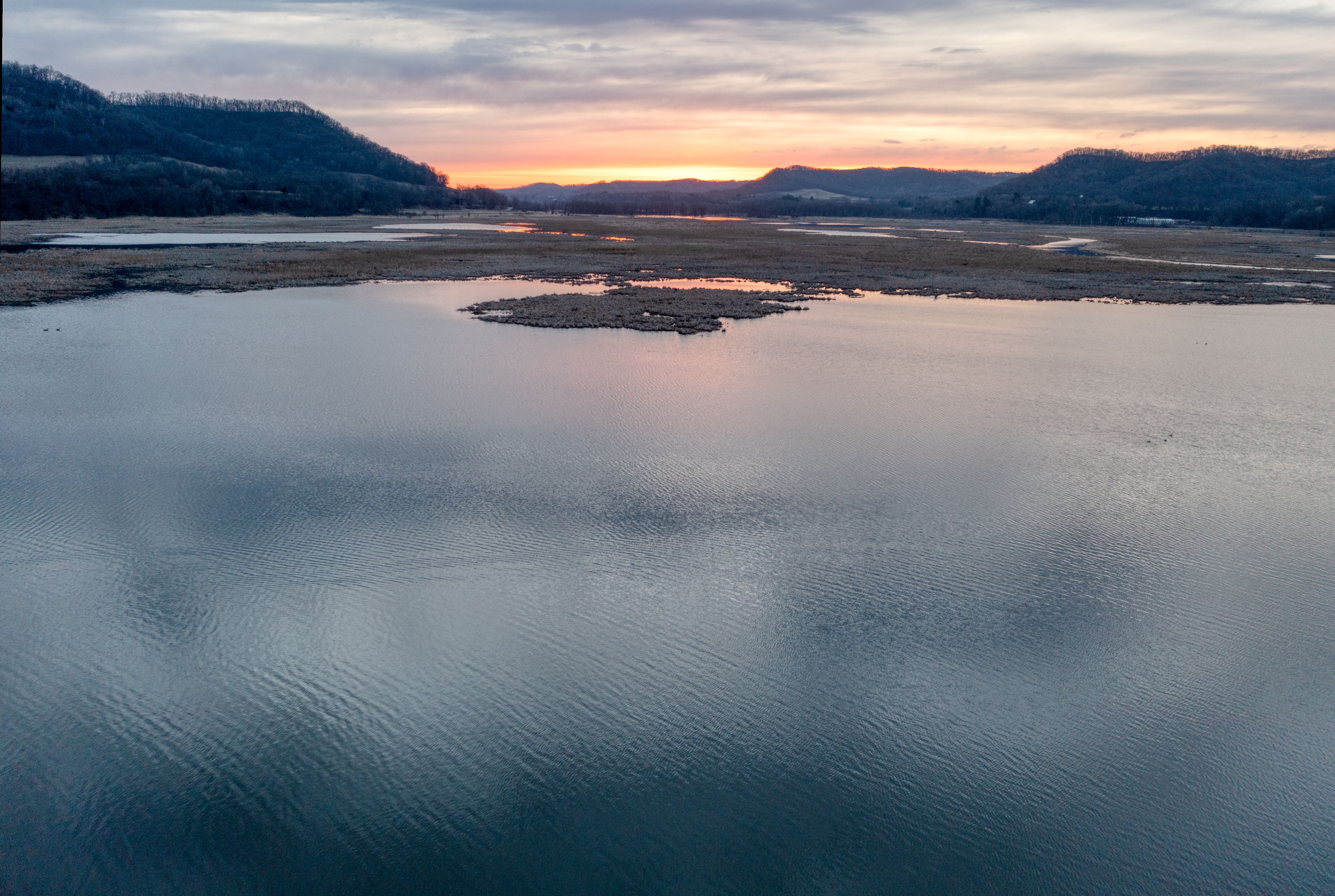 Calm Lake at Dusk in Birds Eye View · Free Stock Photo