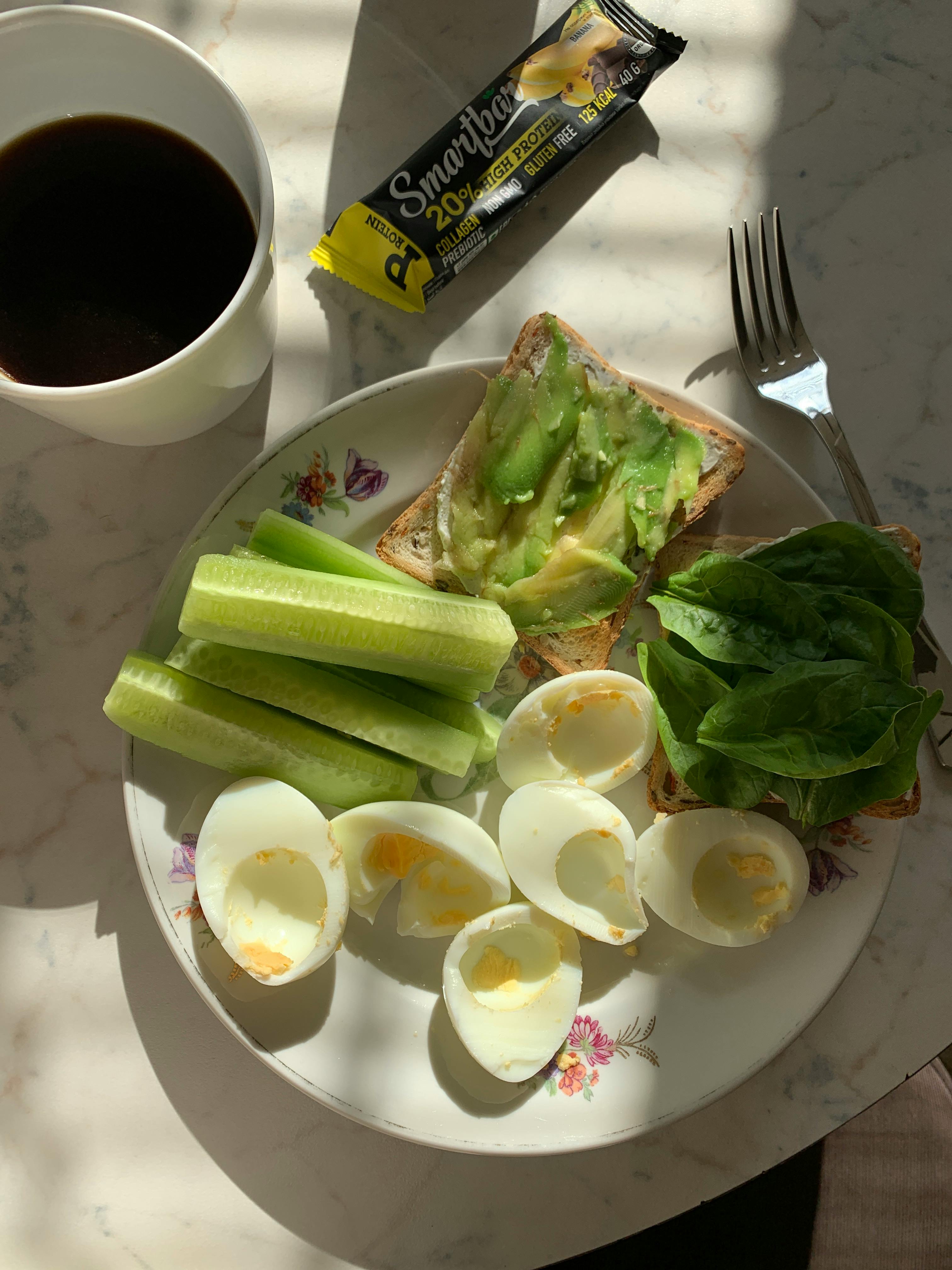 Egss, Cucumber, Lettuce, Toast, Guacamole and Cup of Coffee · Free ...