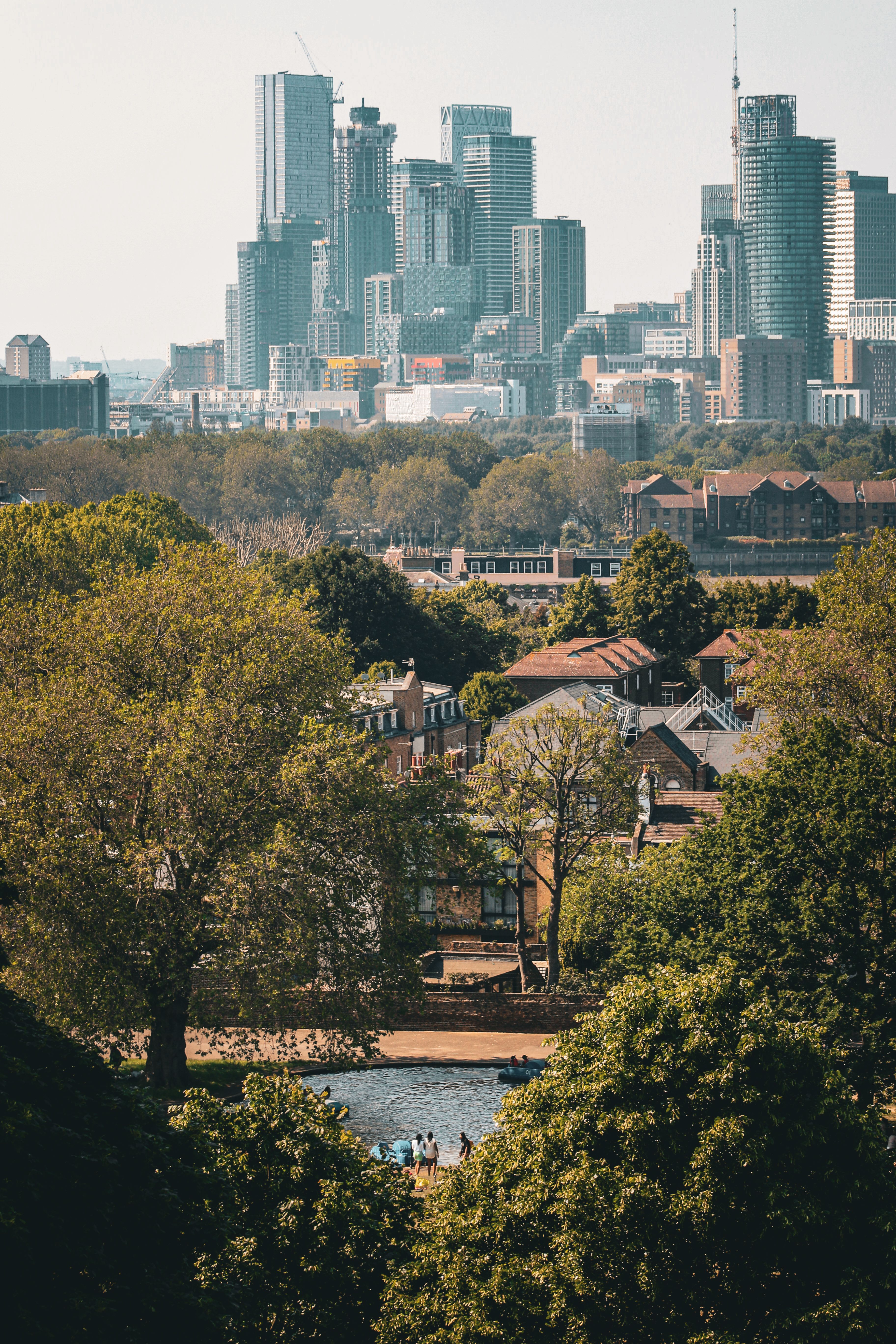 Residential District Surrounded by Trees with Downtown Skyscrapers in ...