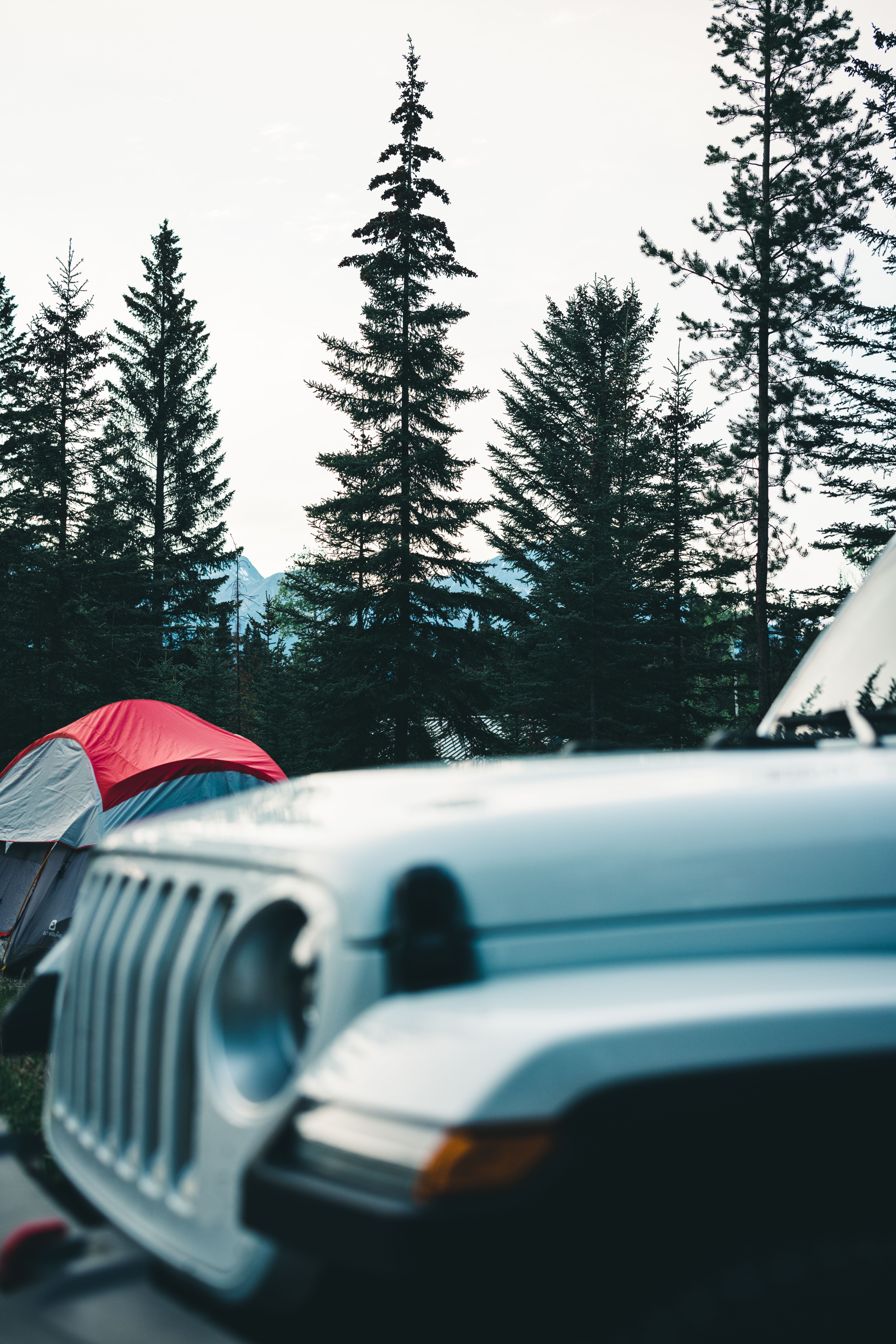 A jeep parked in front of a tent in the woods · Free Stock Photo