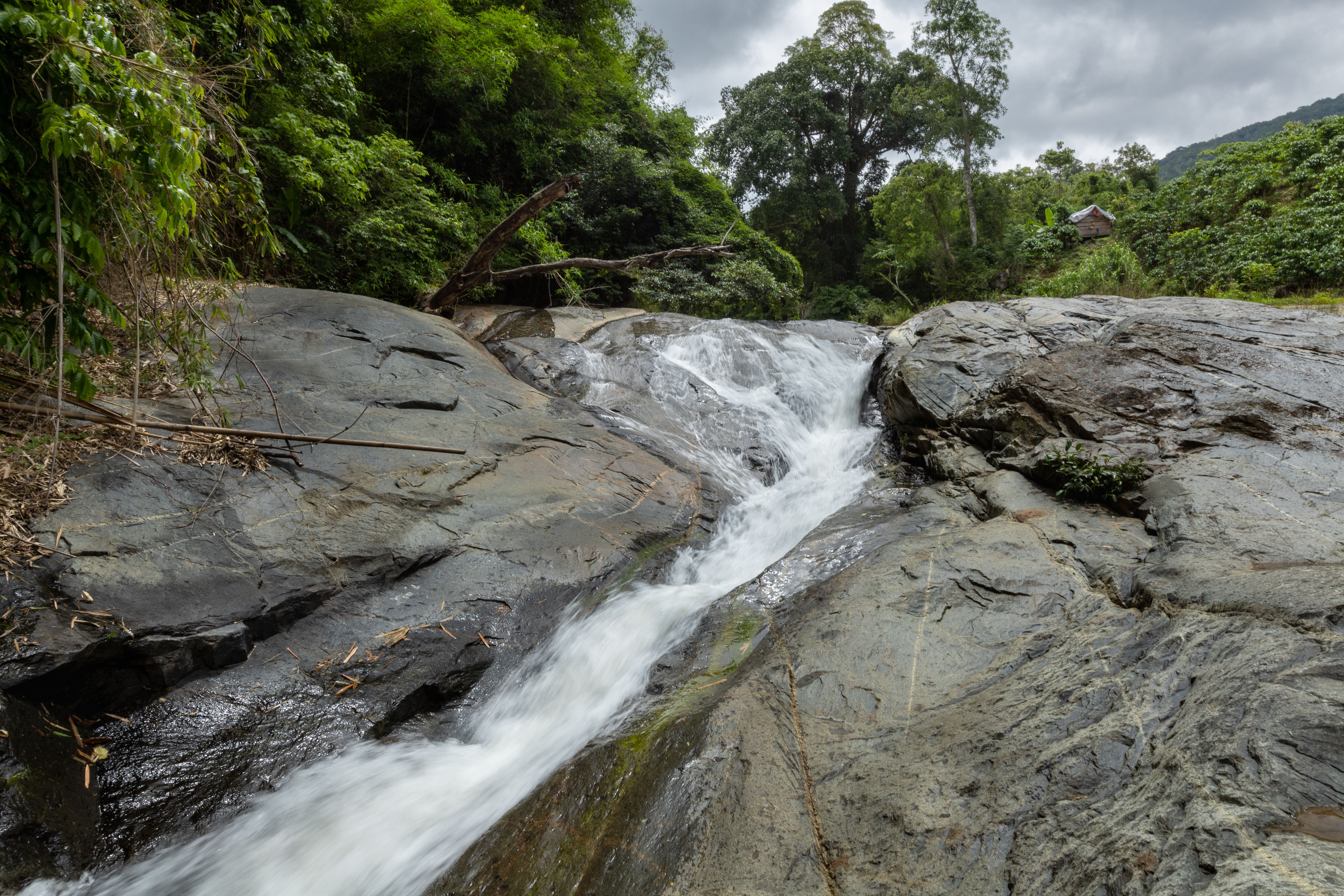 A waterfall flowing over rocks in a forest · Free Stock Photo