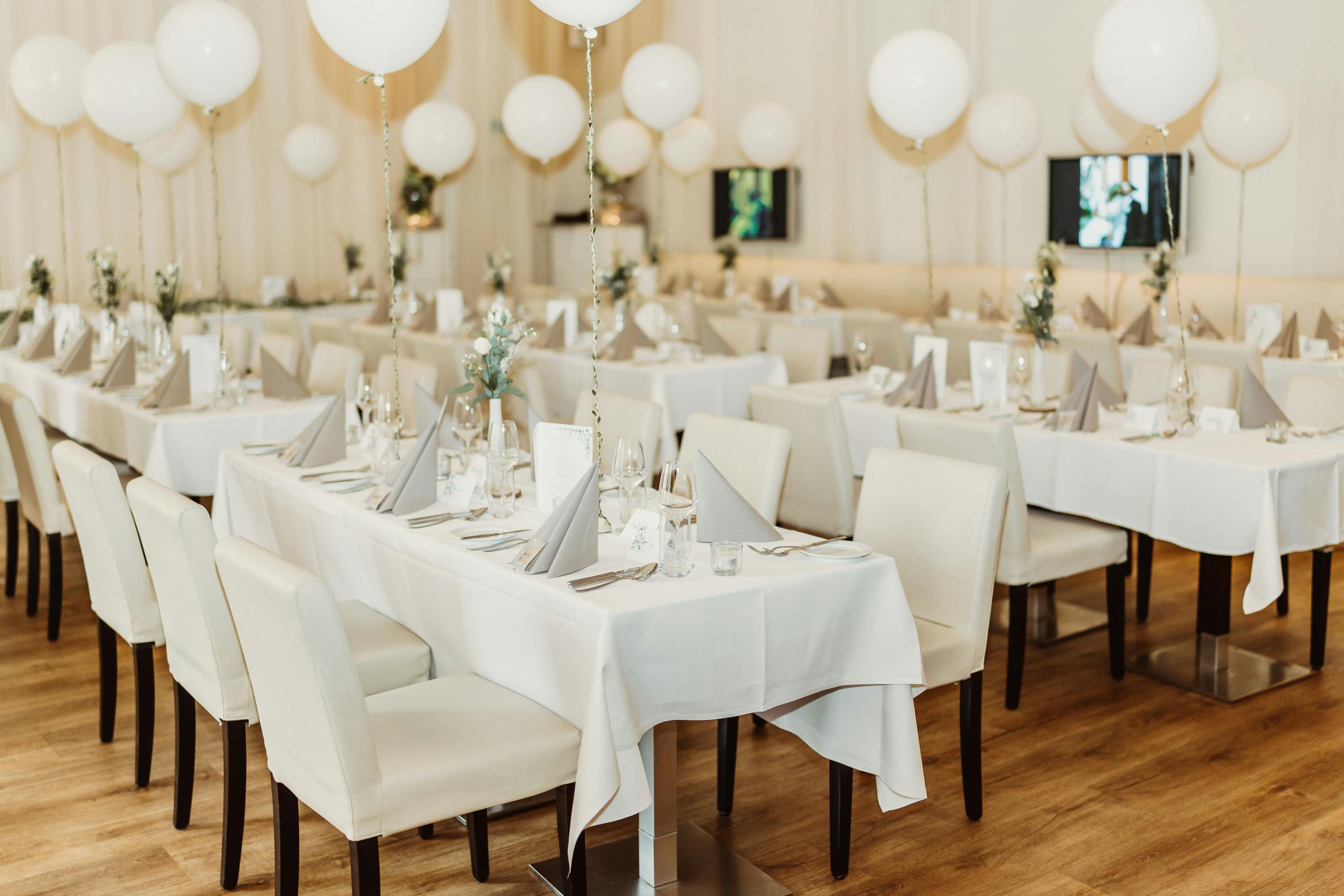 Banquet Tables in a Restaurant Hall Decorated for a Wedding Reception ...