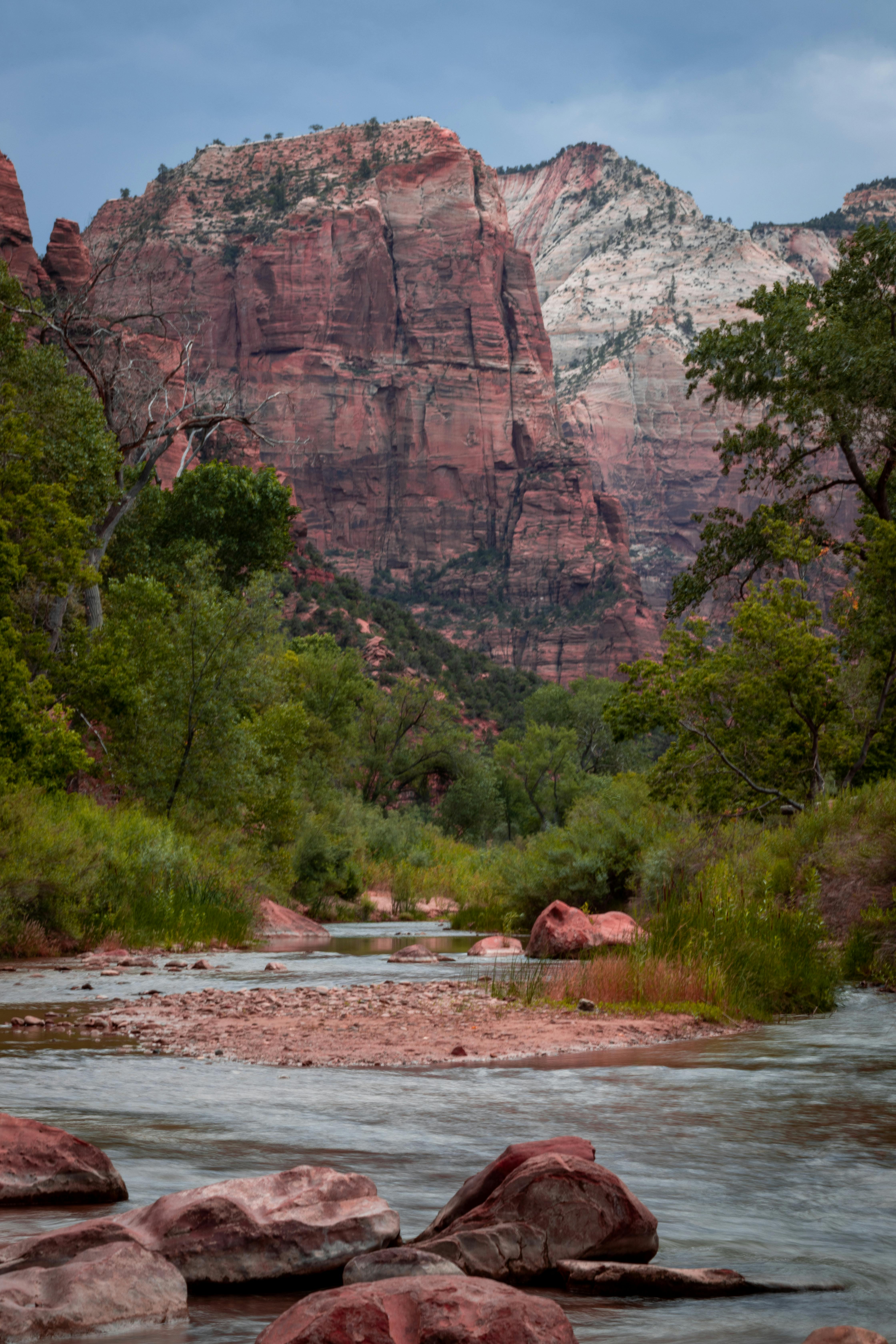 The zion river flows through a canyon in the mountains · Free Stock Photo