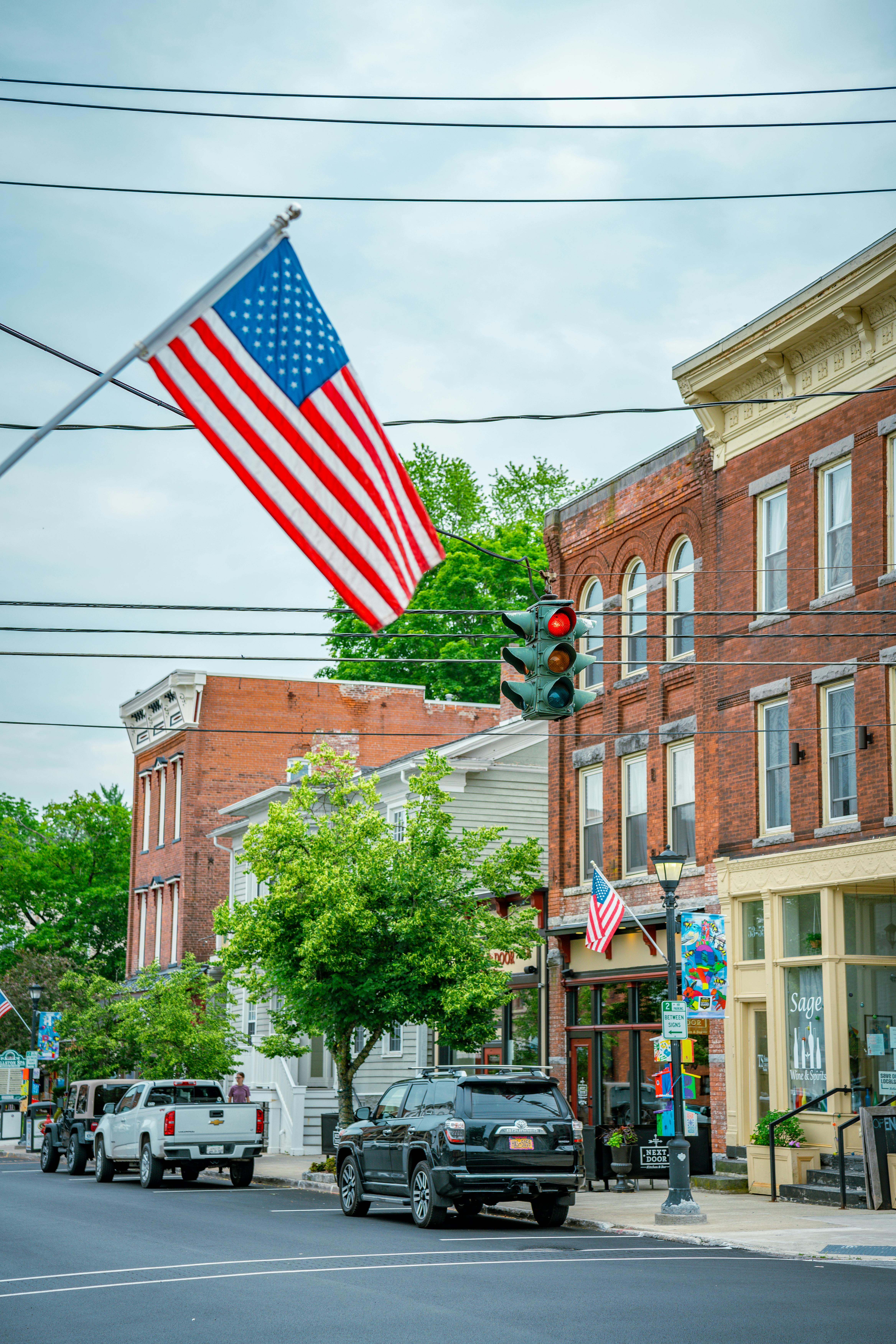 American Flags Decorating the Street in a Typical American Town · Free ...