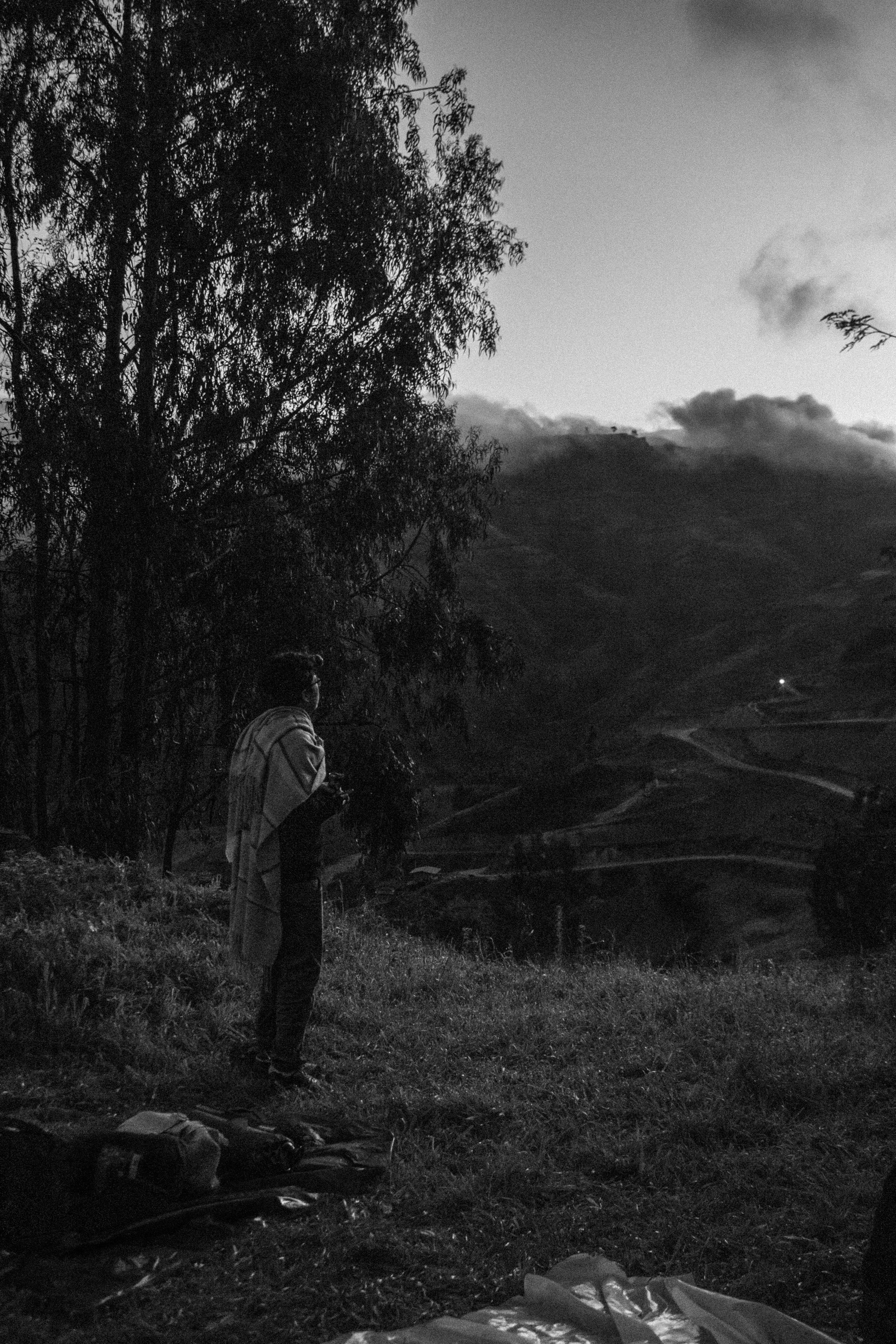 Person Standing near Tree and with Hills behind in Black and White ...