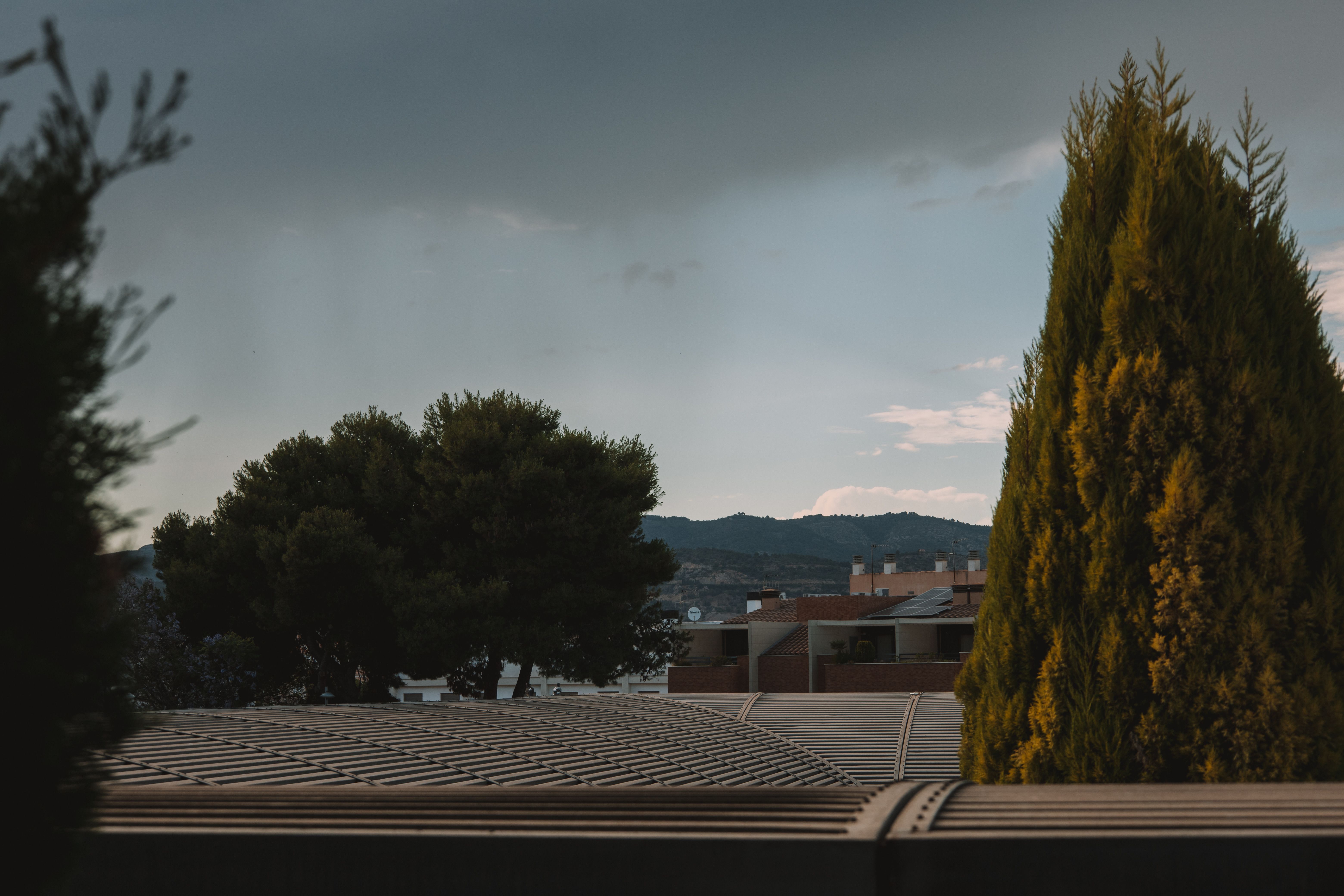 Rain Cloud over a Cityscape with Roofs and Cypress Trees · Free Stock Photo