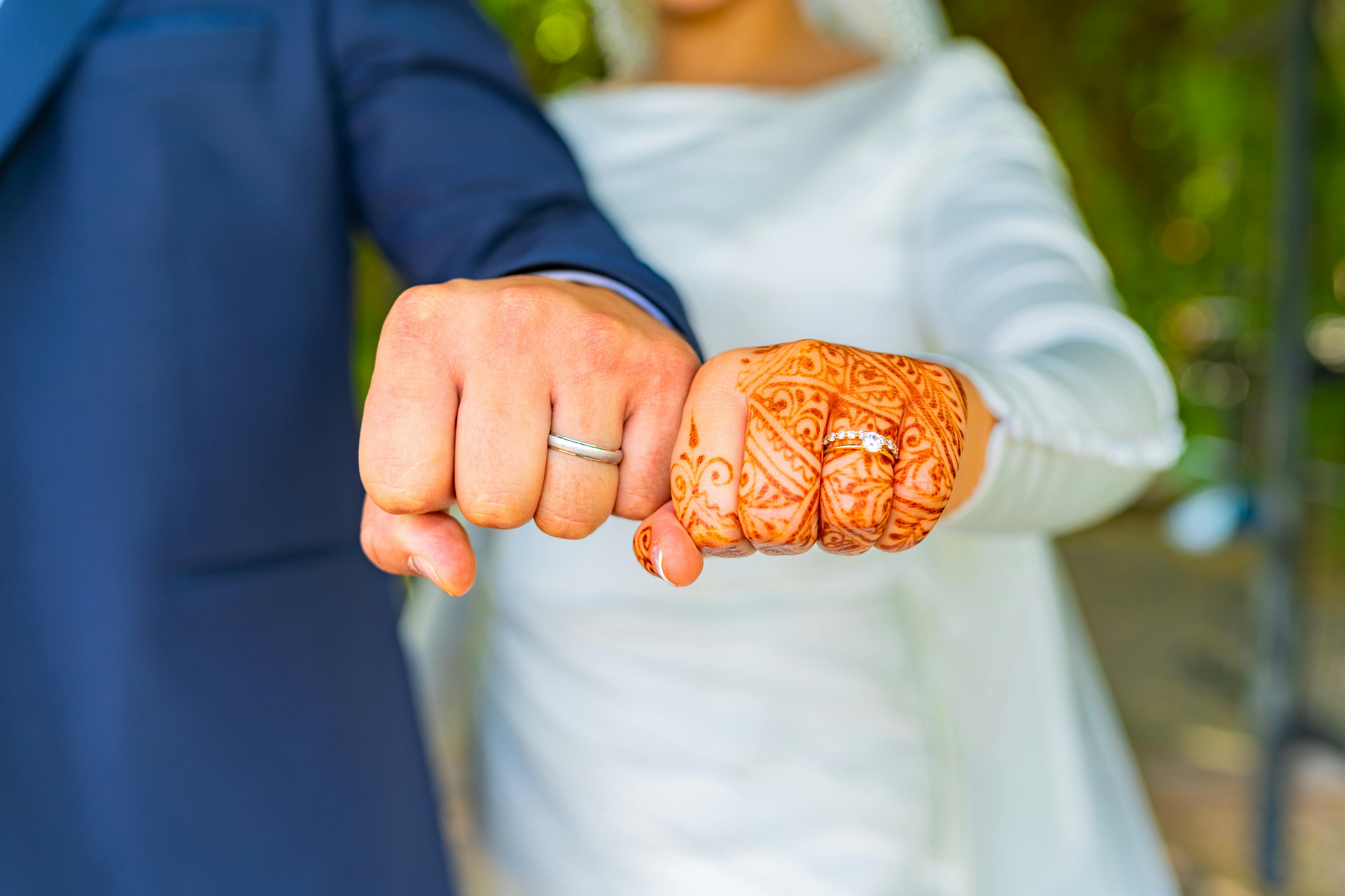 Close-up of Husband and Wife Showing Their Fists with Wedding Rings ...