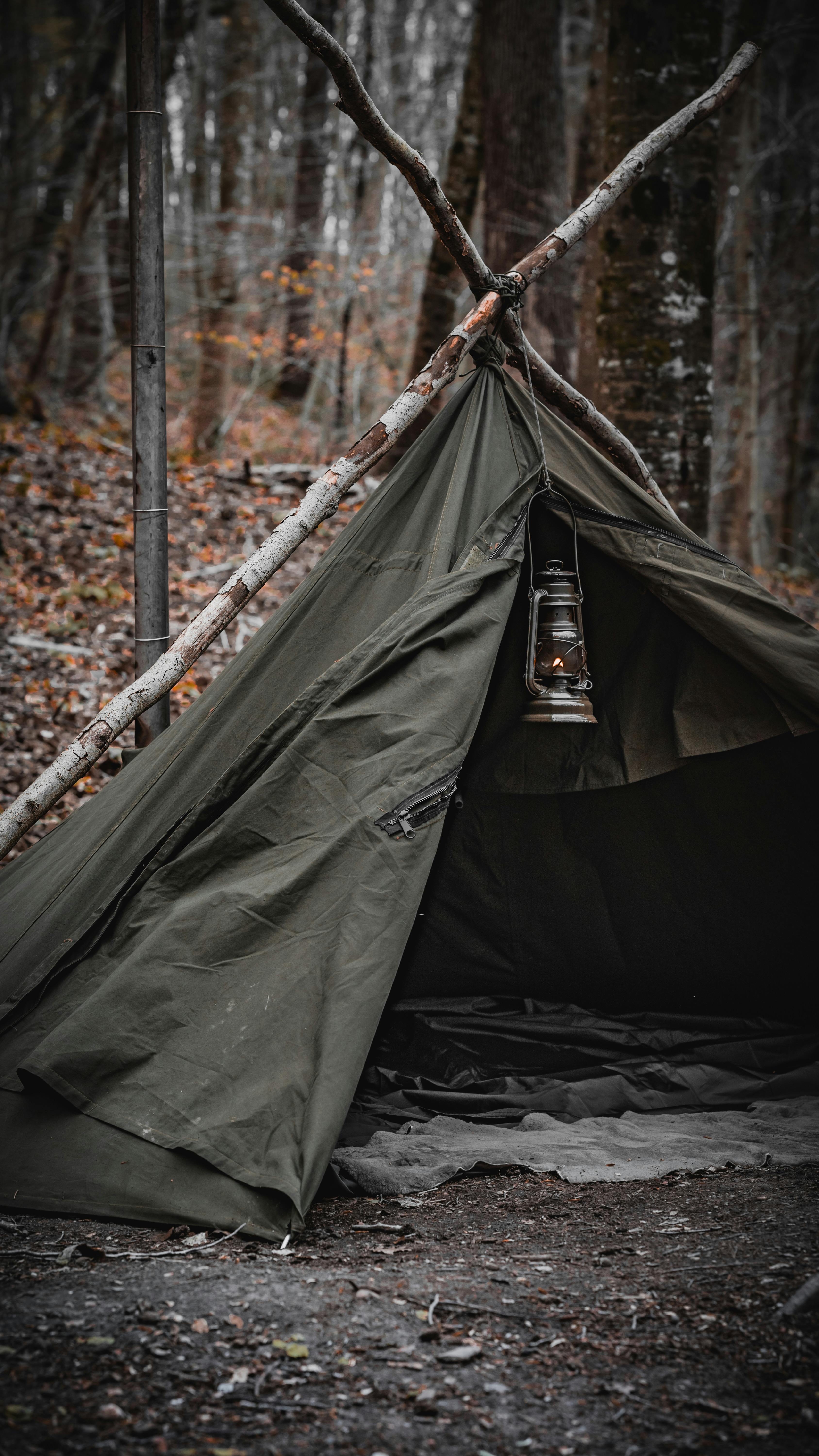 A Tent with an Oil Lamp Set Up in a Forest · Free Stock Photo