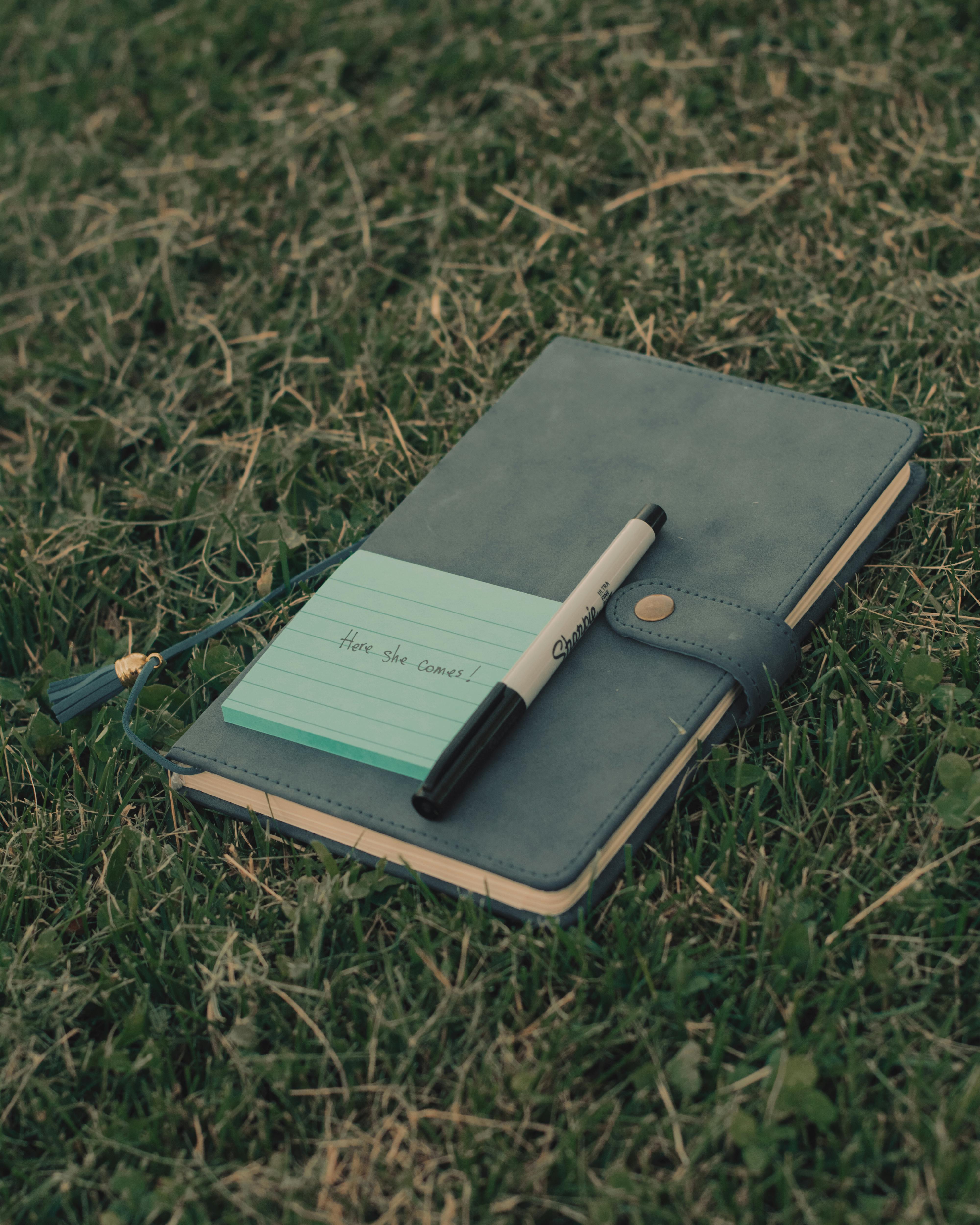 A Notepad and Notebook with a Pen Lying on the Grass · Free Stock Photo