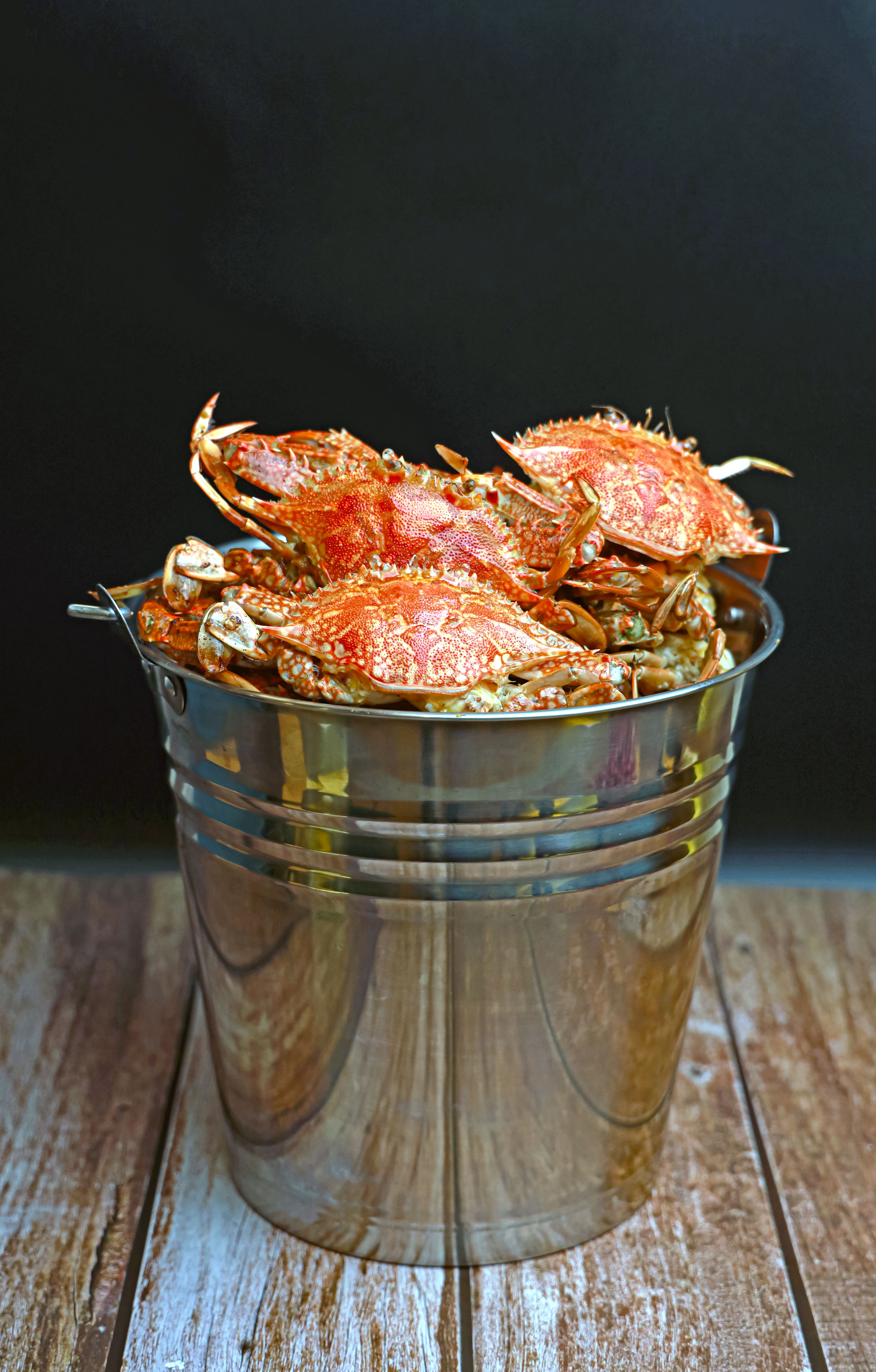A bucket filled with crab meat on a wooden table · Free Stock Photo