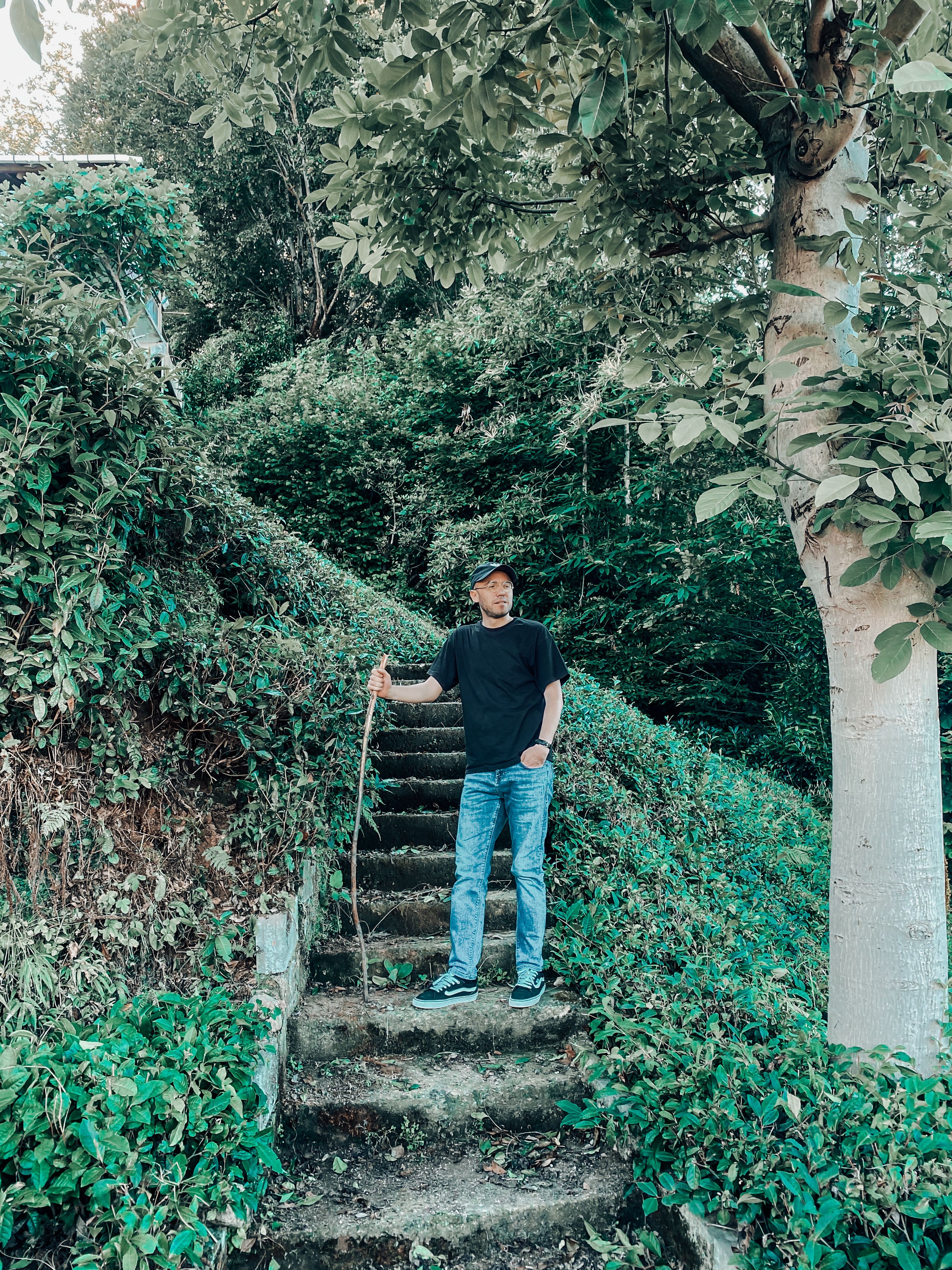 Man Standing on Stone Steps in Overgrown Garden · Free Stock Photo