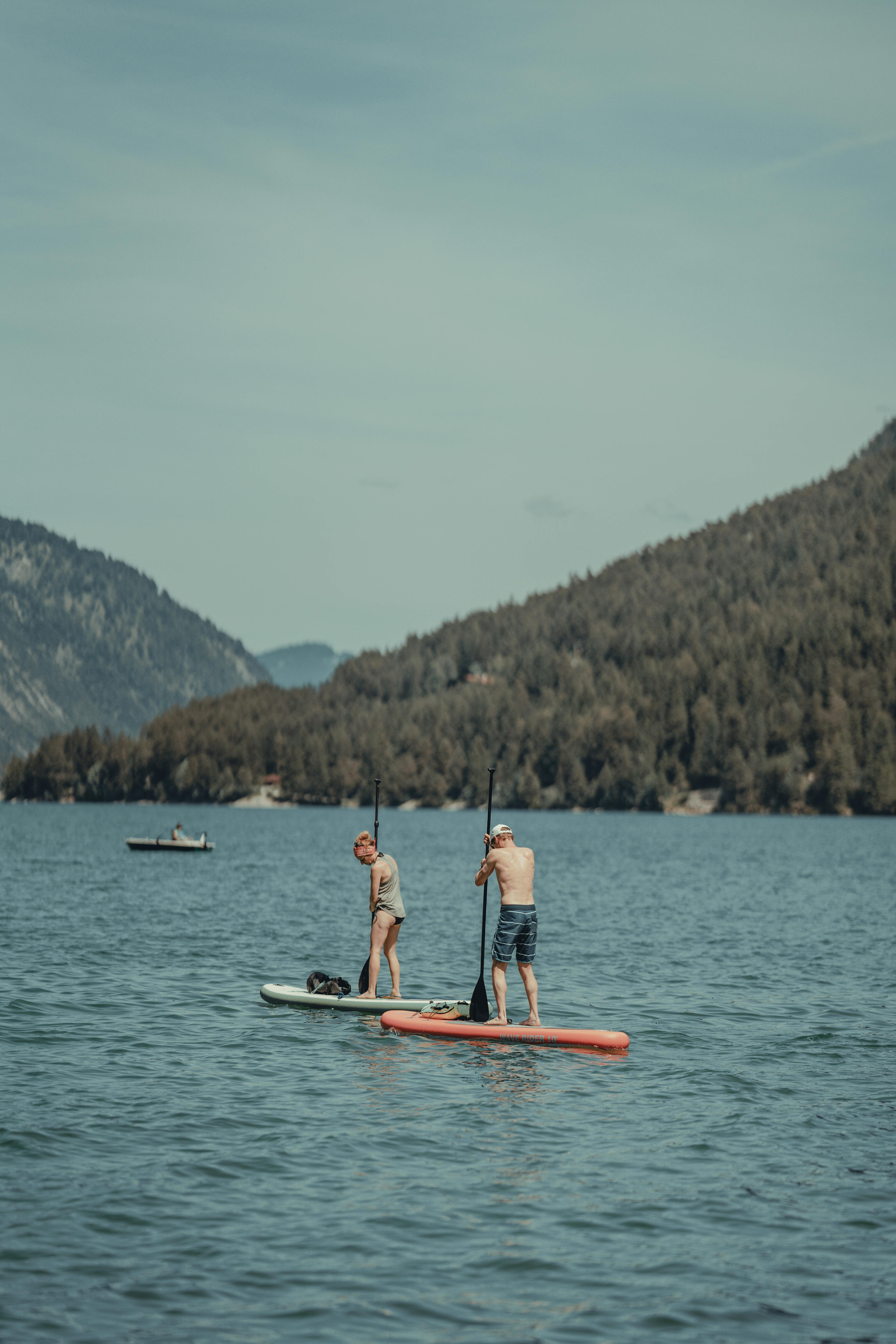 A Couple Paddle Boarding in Standing Position · Free Stock Photo