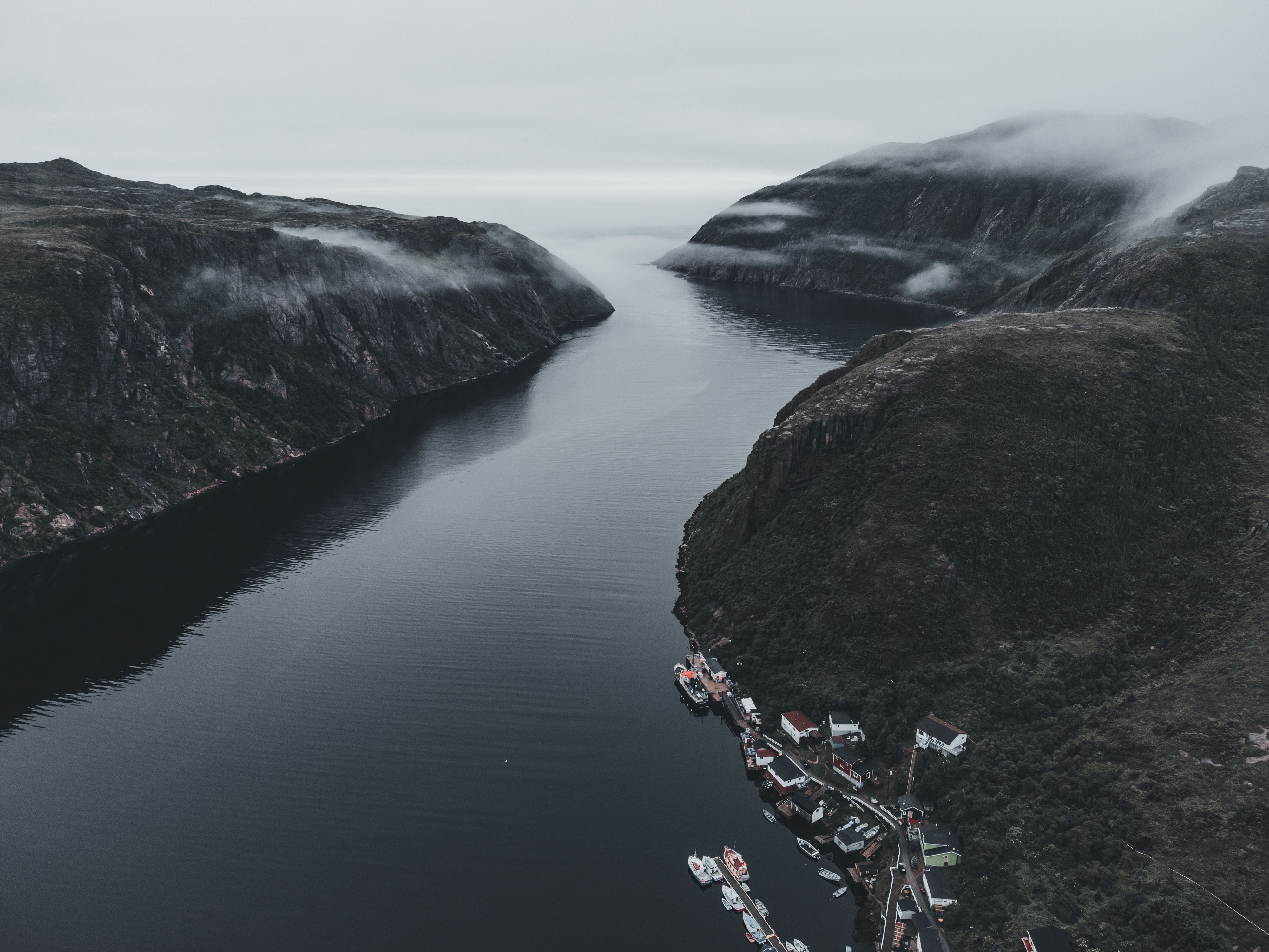 Aerial View of Village on Fjord Shore · Free Stock Photo