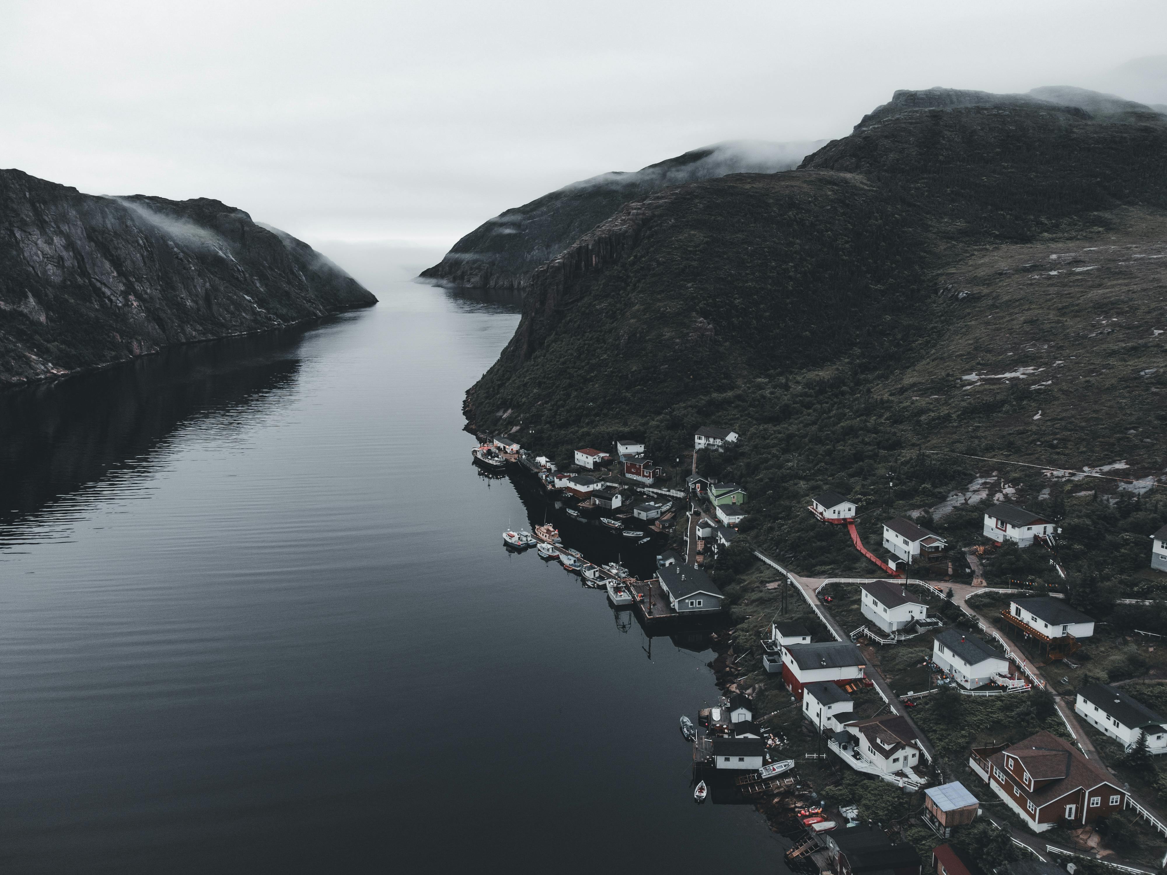 Aerial View of Village on Fjord Shore · Free Stock Photo