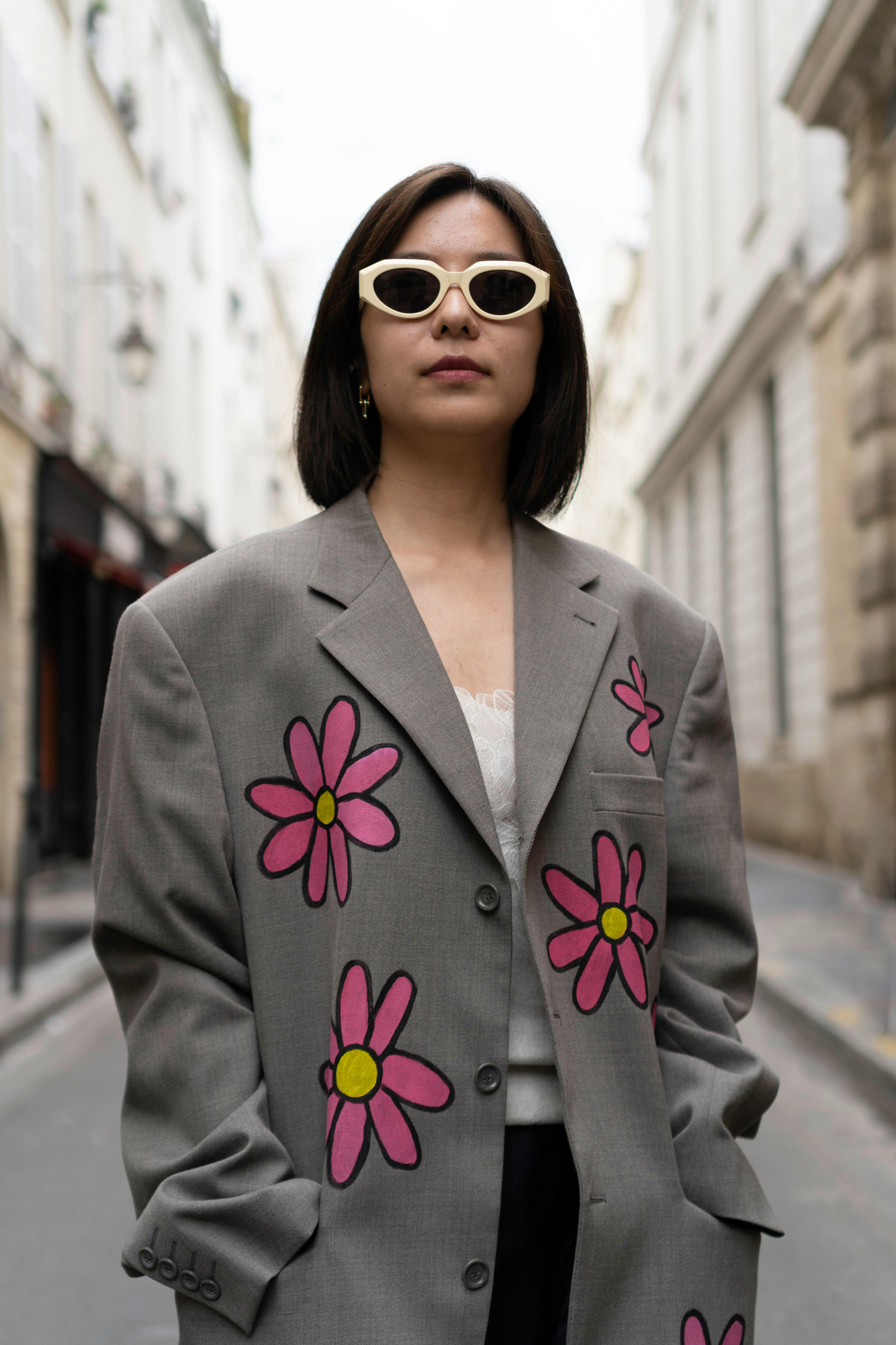 Woman in Gray Blazer Jacket with Flower Pattern · Free Stock Photo