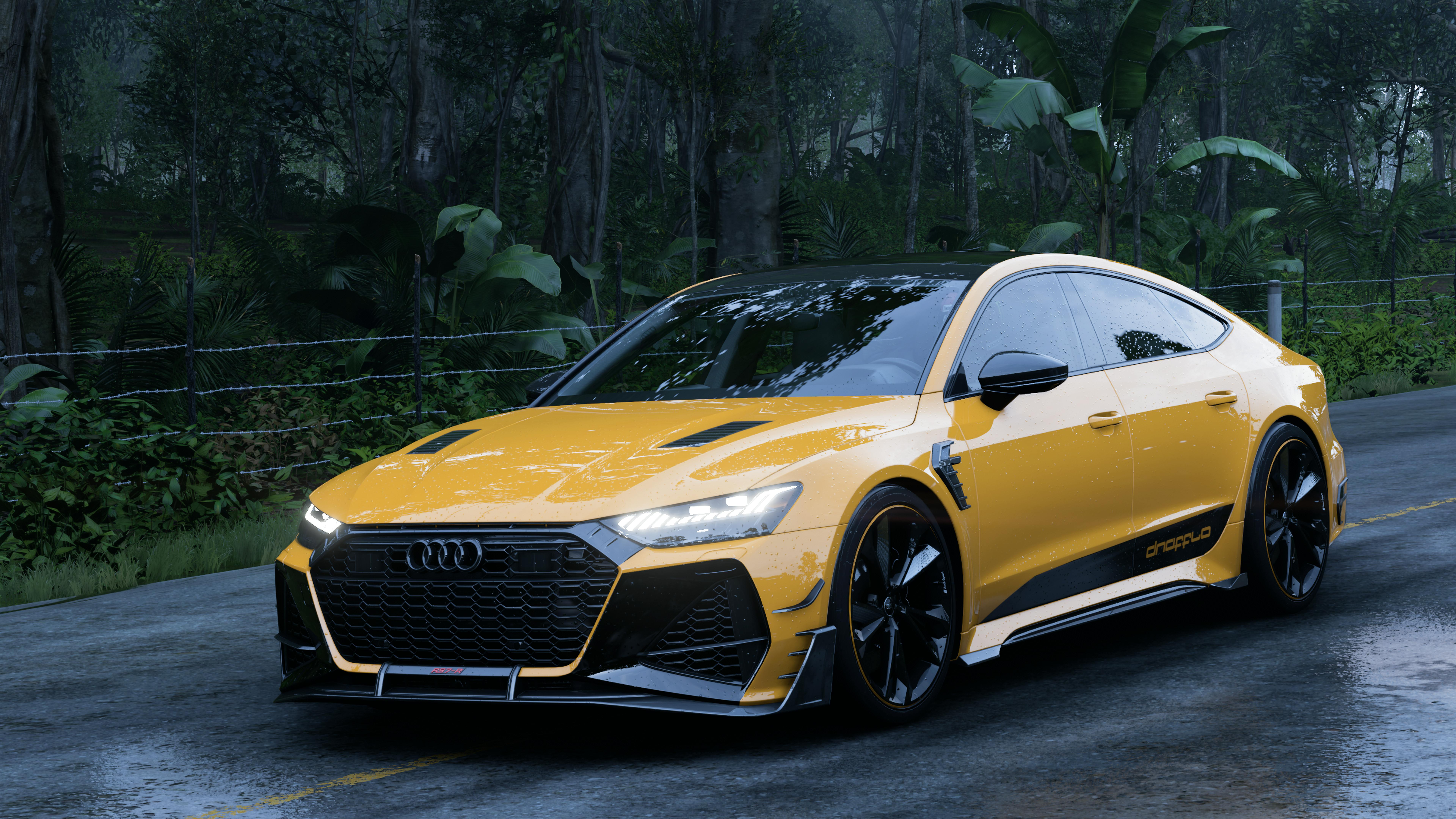 A Yellow Audi RS7 on a Wet Street · Free Stock Photo