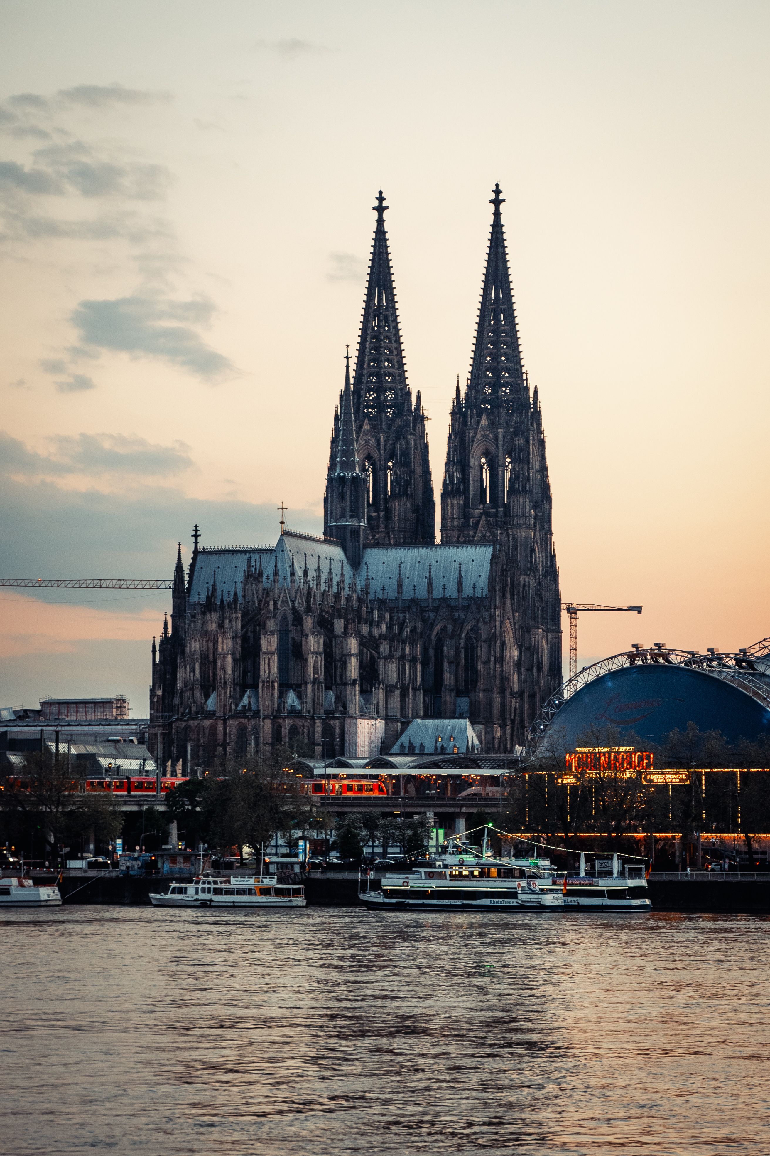 View of the Cologne Cathedral seen from the Rhine River in Cologne ...