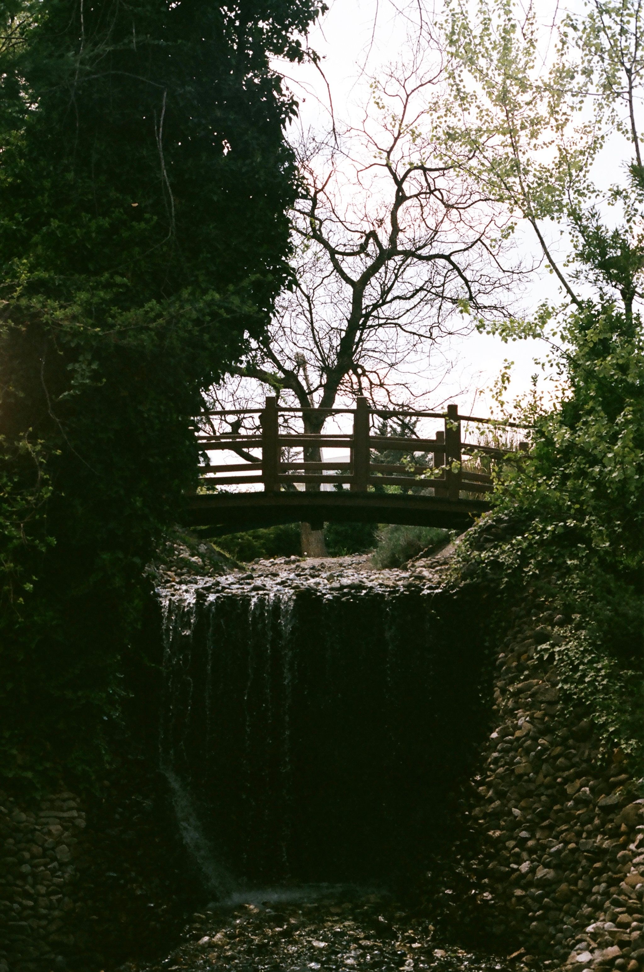 Footbridge over Stream with Waterfall · Free Stock Photo