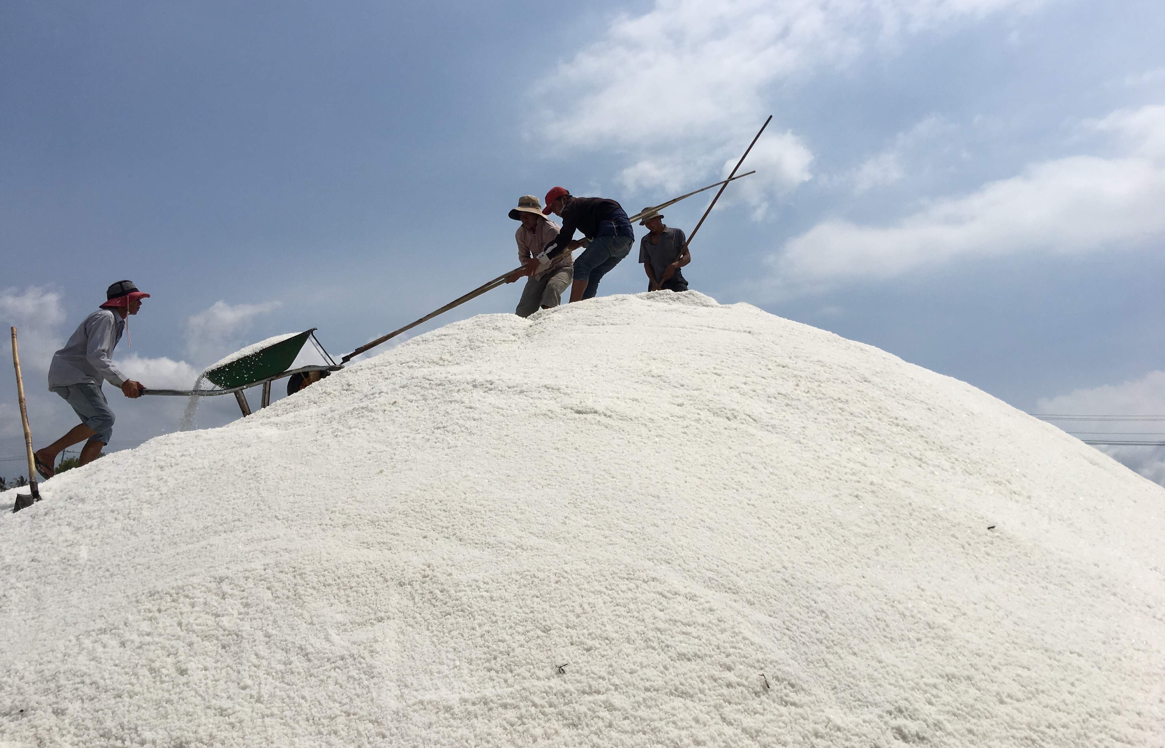 Workers on Sunlit Sand Heap · Free Stock Photo