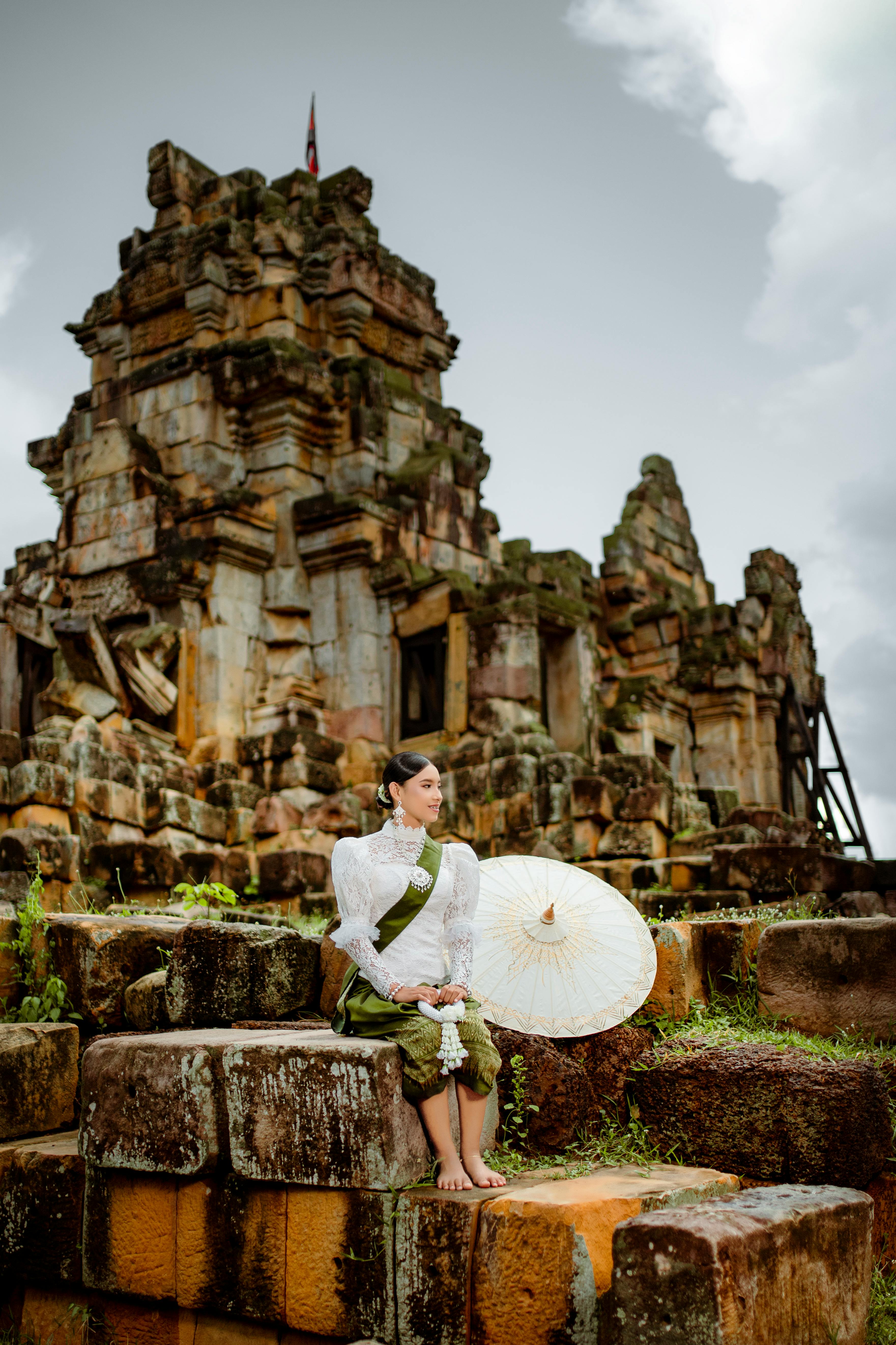 Aerial View of a Large Clock in front of the Temple of Wat Phnom, Phnom ...