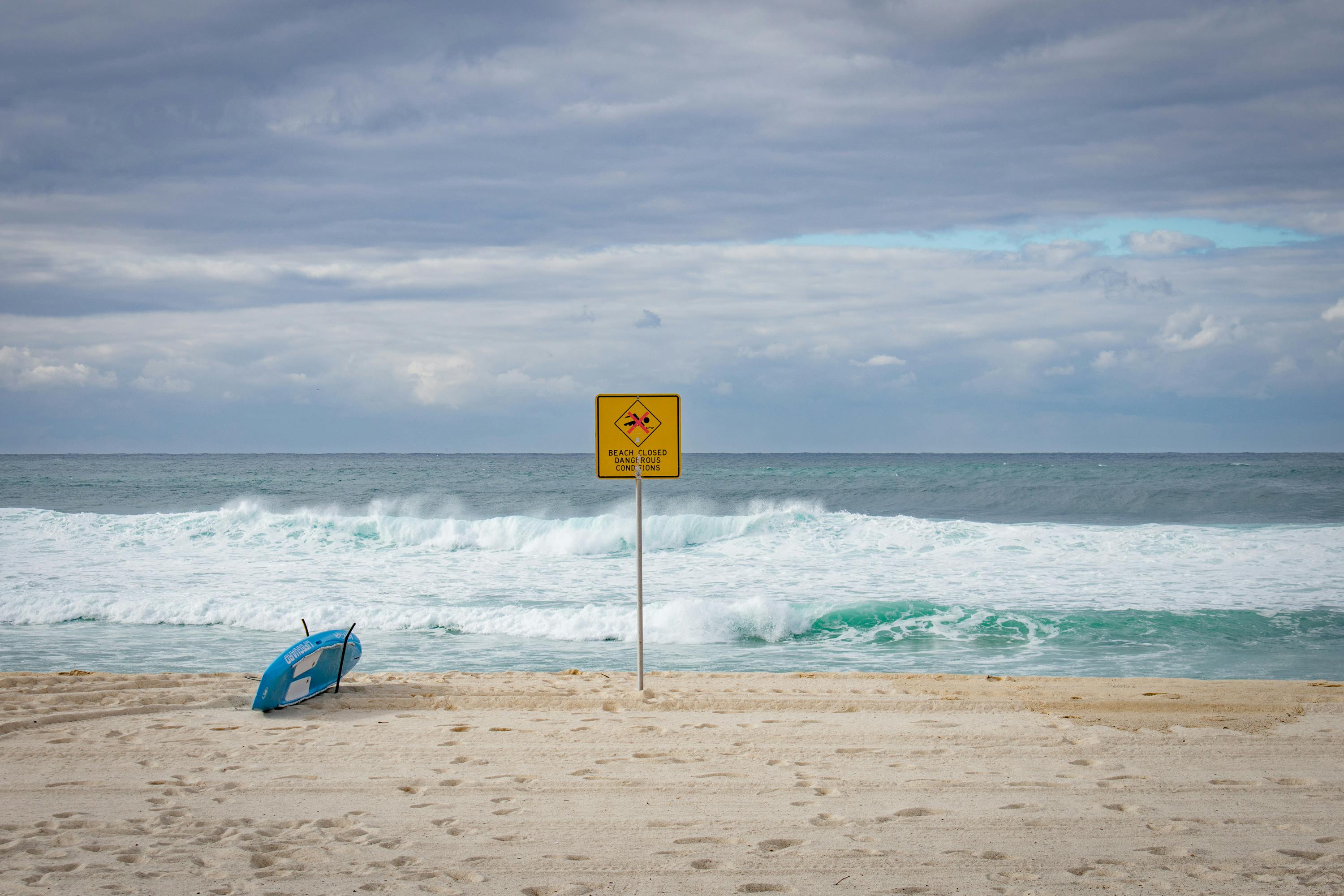 Blue Surfboard at Shoreline Near Signage · Free Stock Photo