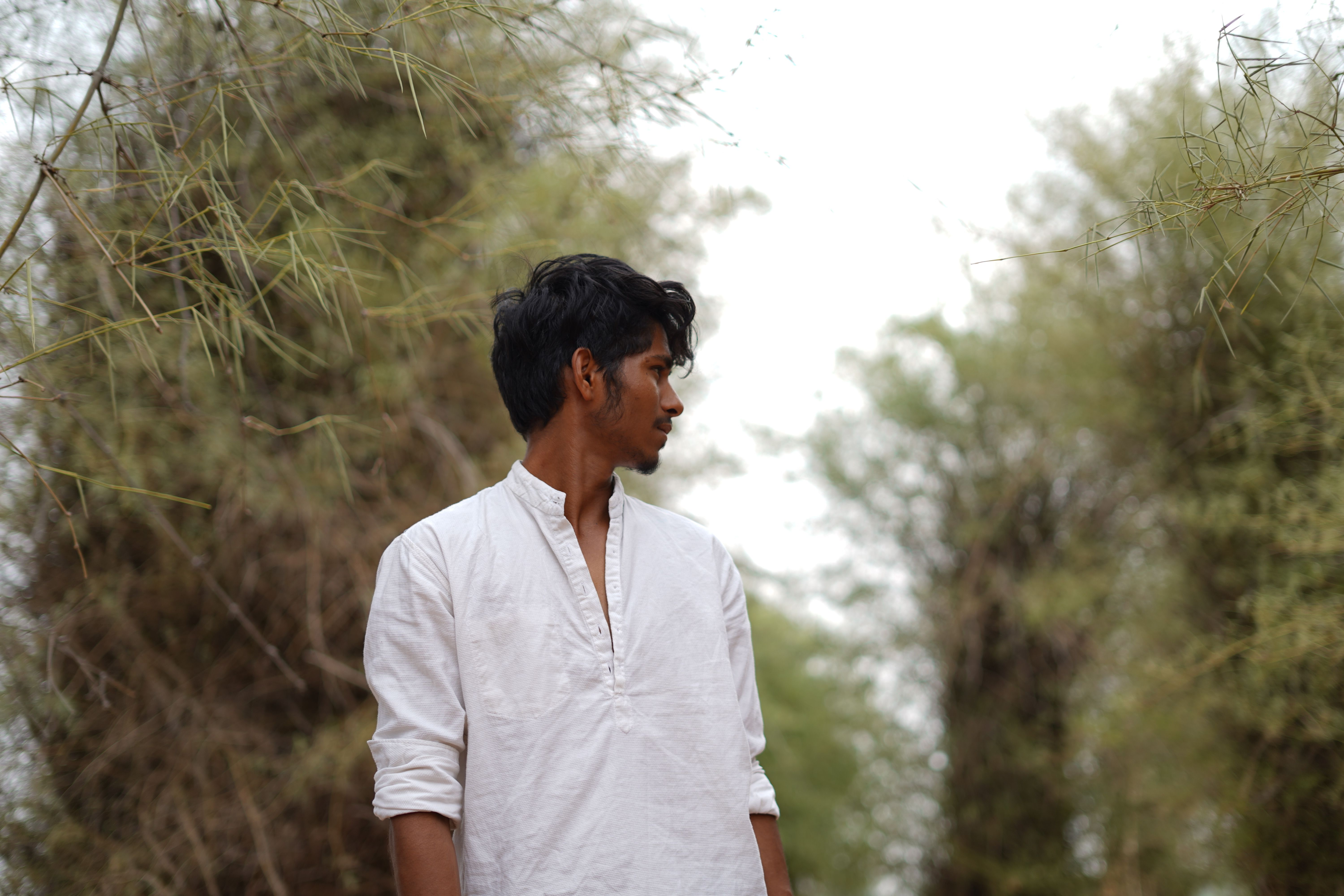 Man in a White Shirt Standing between Trees and Looking Over the ...